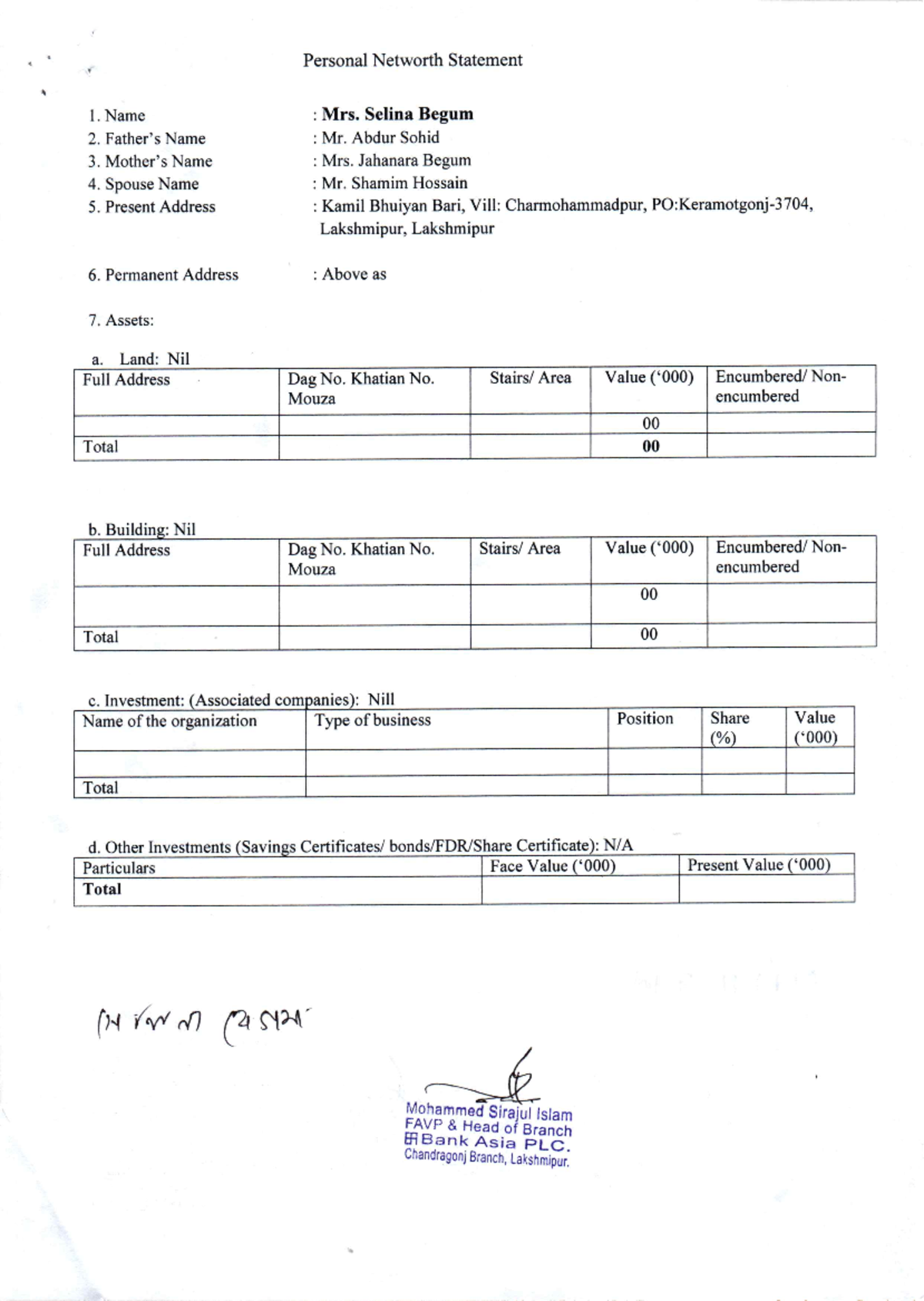 PNW of Selina Begum - hjdahfbrbv - Personal Networth Statement 1. Name ...