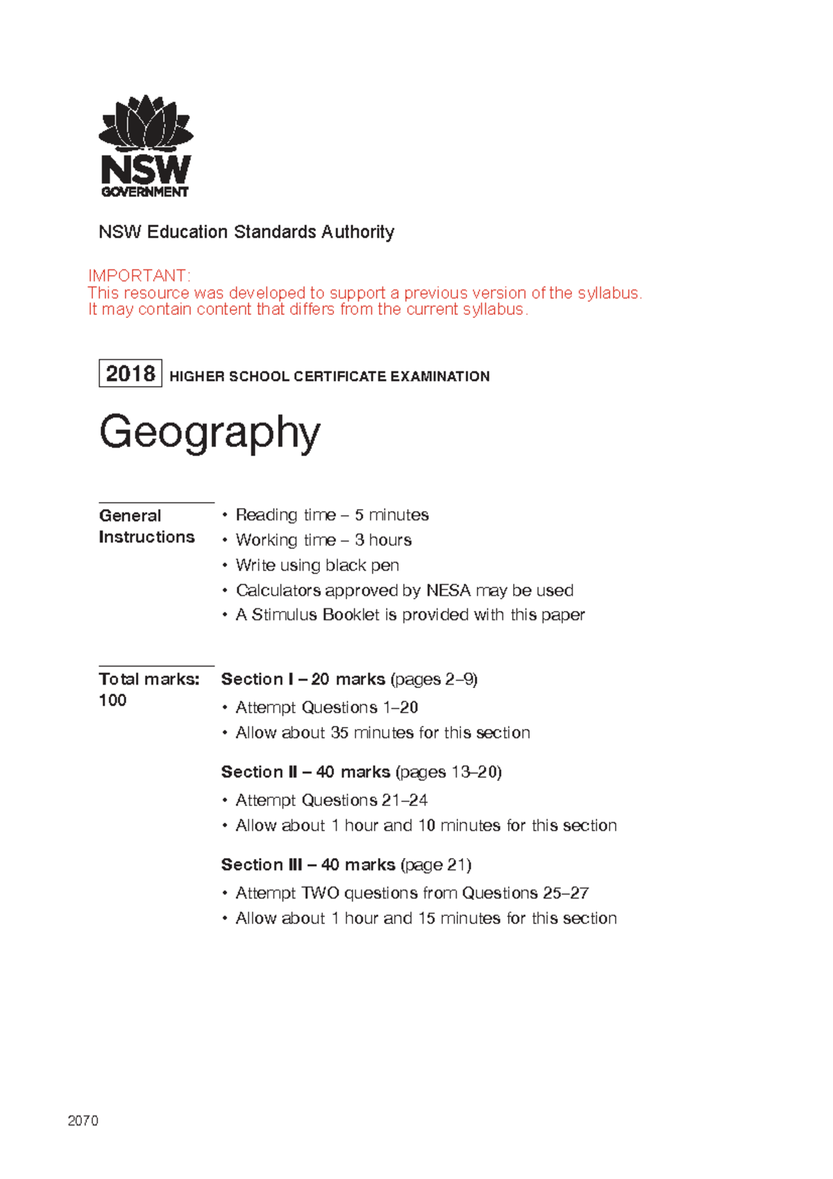 2018 HSC Geography Exam Paper - Important Instructions and Questions ...