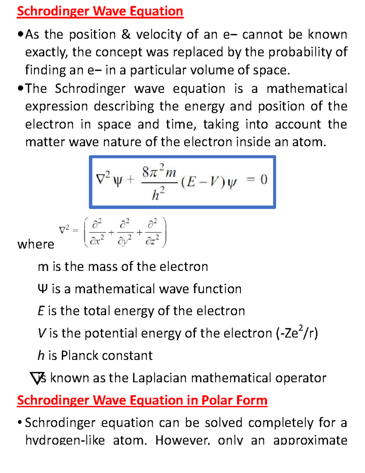 Unit 1 Chemistry: Schrodinger Wave Equation & Molecular Orbitals - Studocu