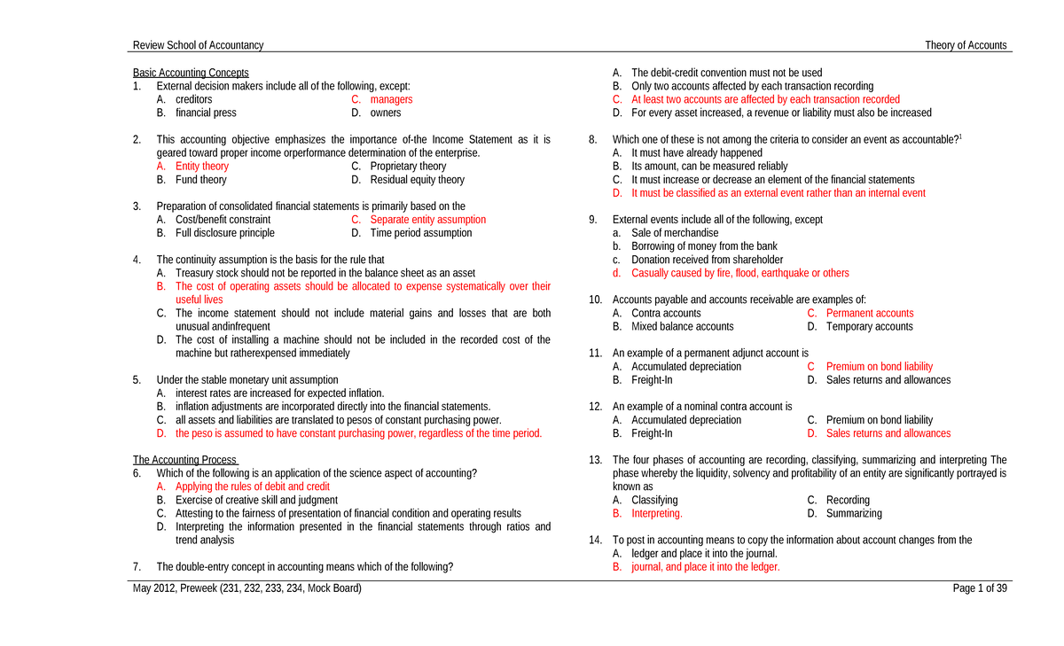 Review of Basic Accounting Concepts: Preweek (231, 232, 233, 234, Mock ...