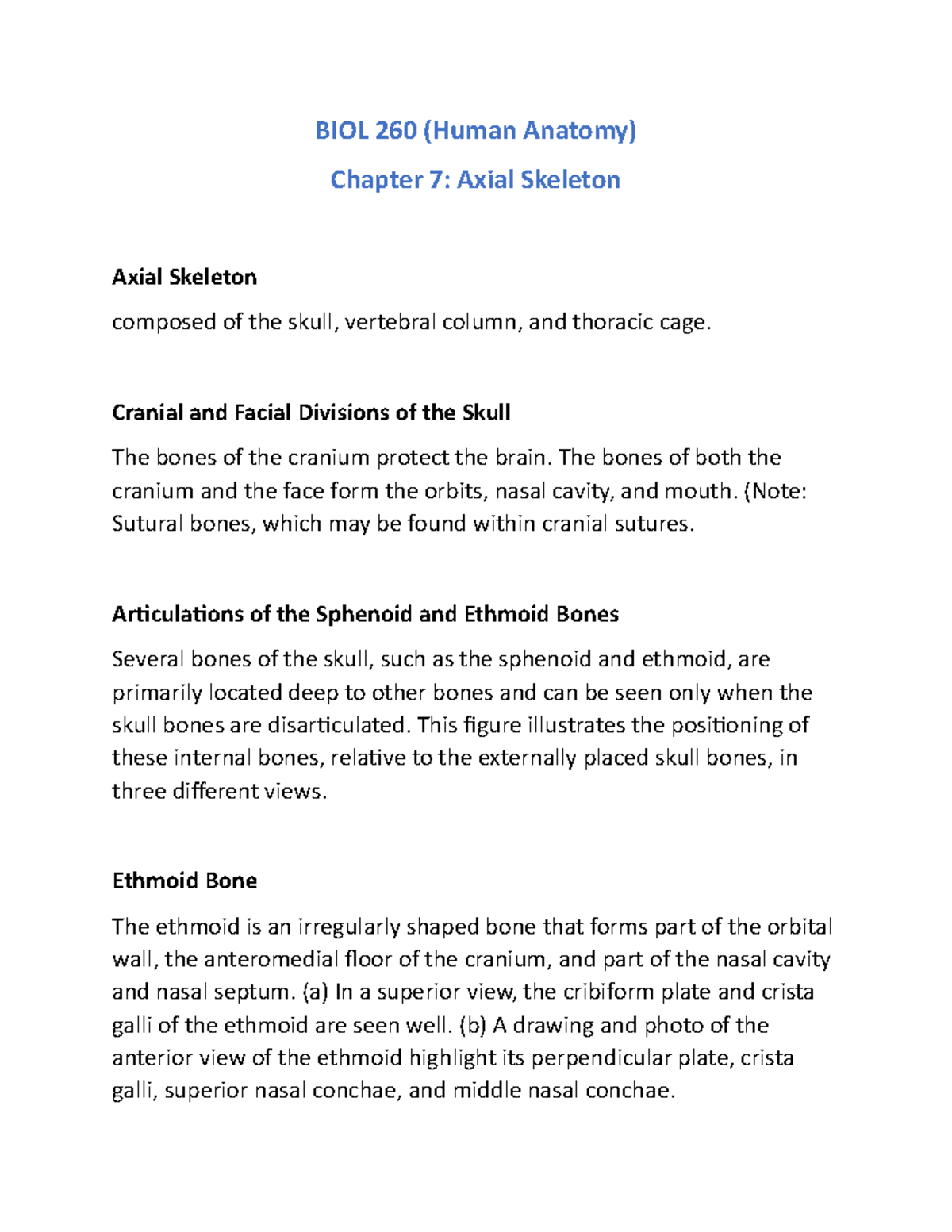 Helpful Notes on Axial Skeleton - BIOL 260 Human Anatomy Ch. 7 - Studocu