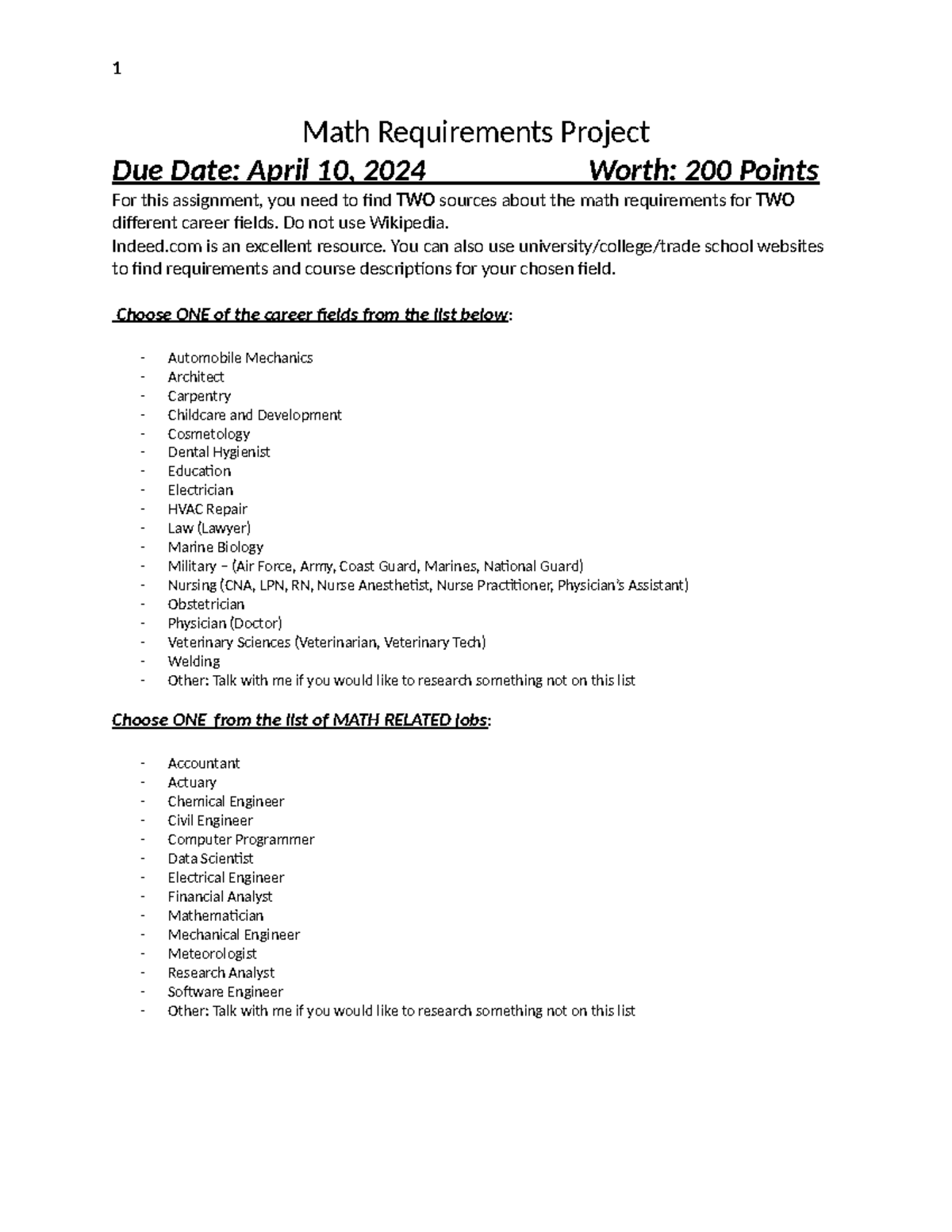 Math Requirements Project - Do not use Wikipedia. Indeed is an ...