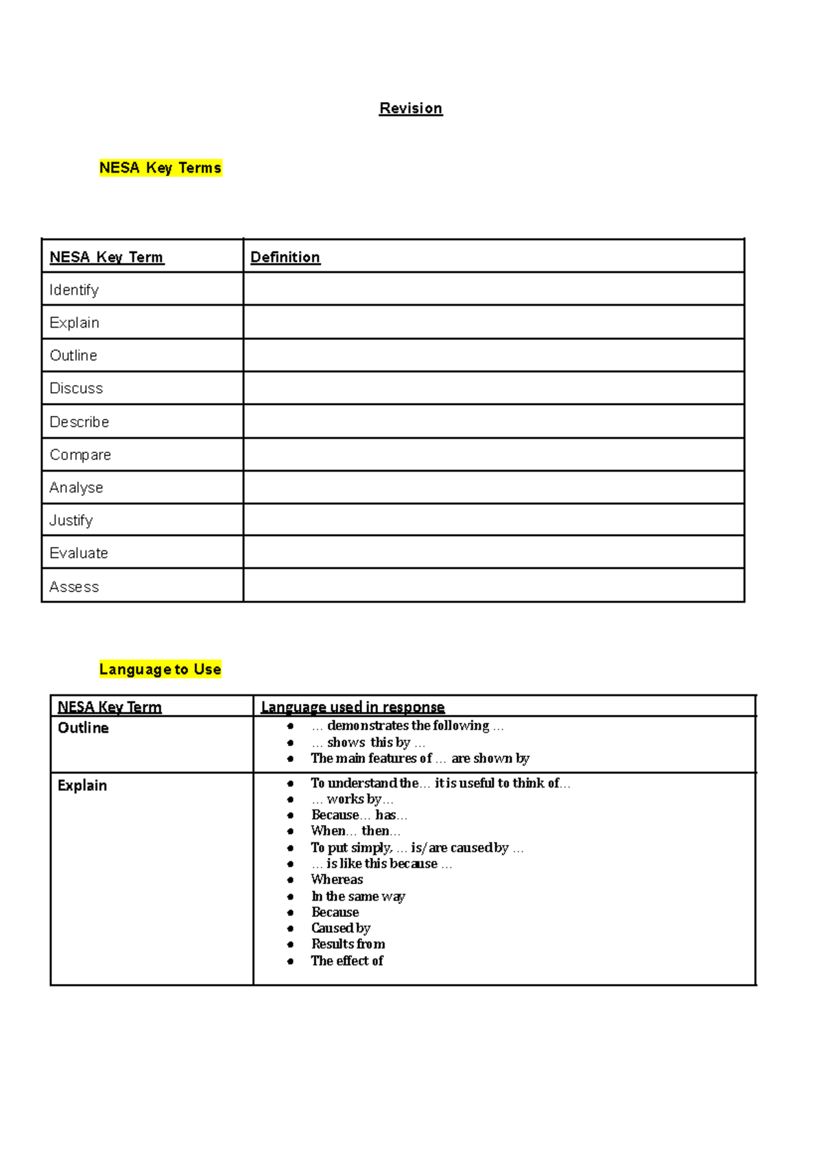 HSC Revision - NESA Key Terms & Verbs for Effective Responses - Studocu
