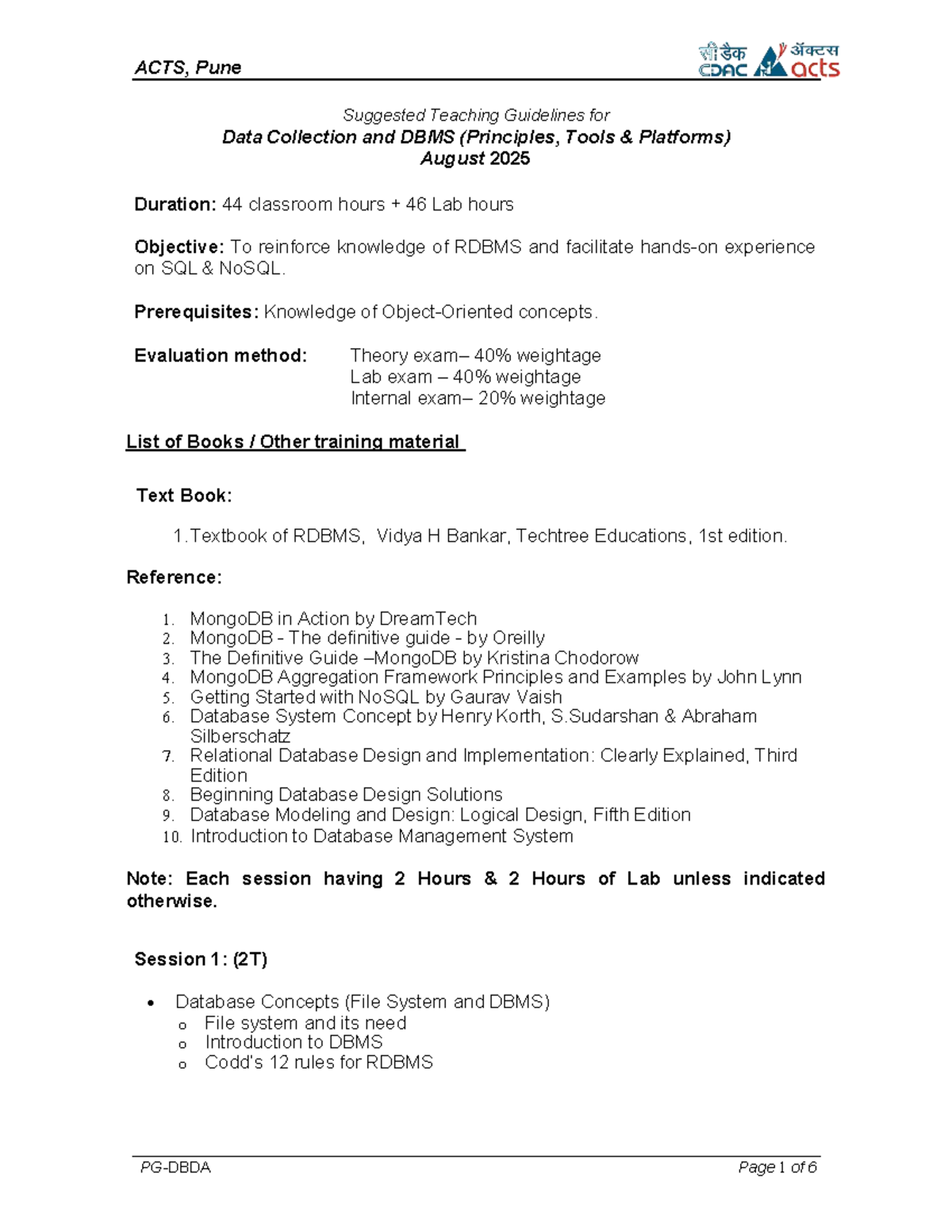 ACTS DBMS Teaching Guidelines: Data Collection & RDBMS Principles - Studocu