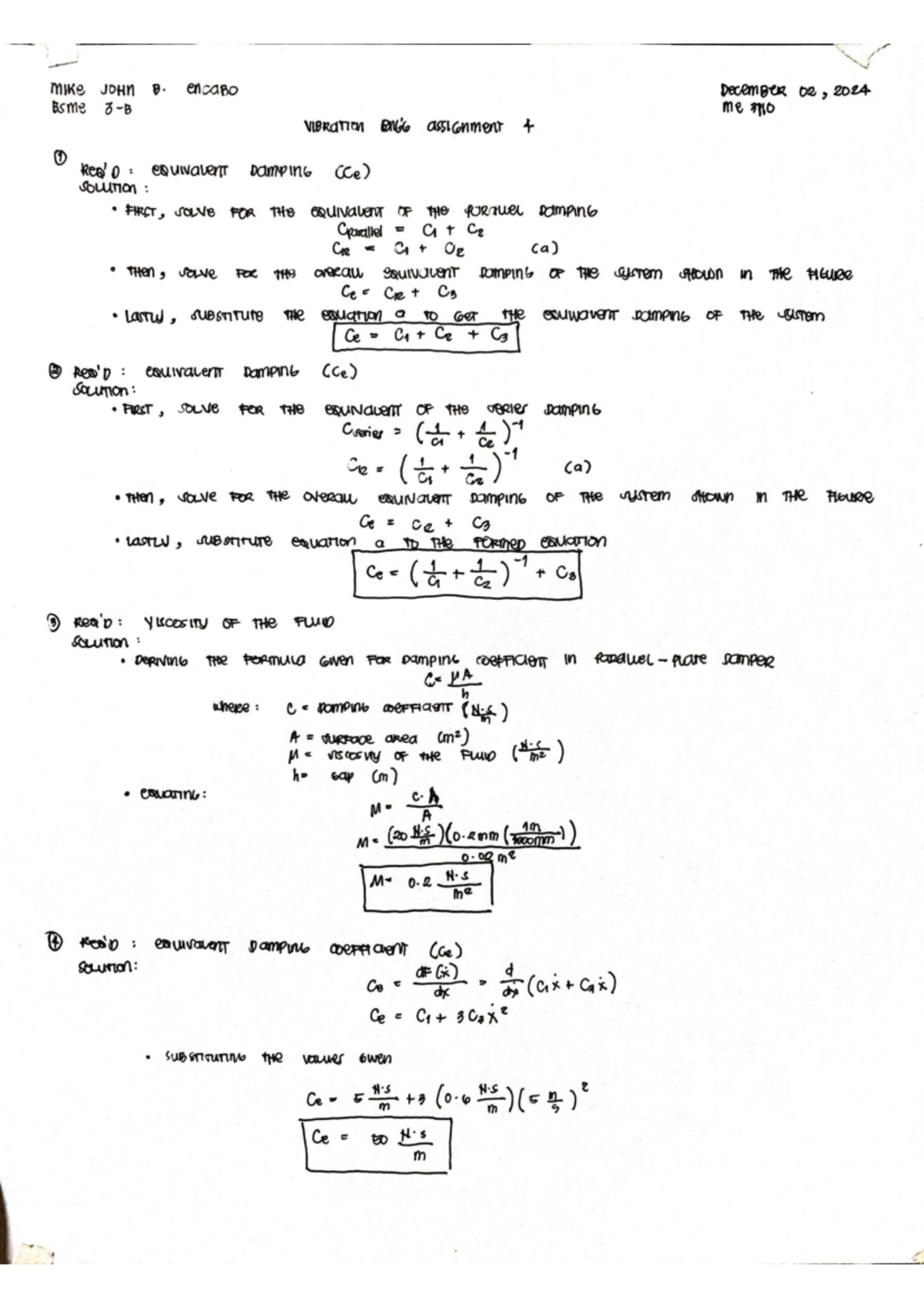 BSME ME 3110 Vibration Assignment 4: Equivalent Damping Solutions - Studocu