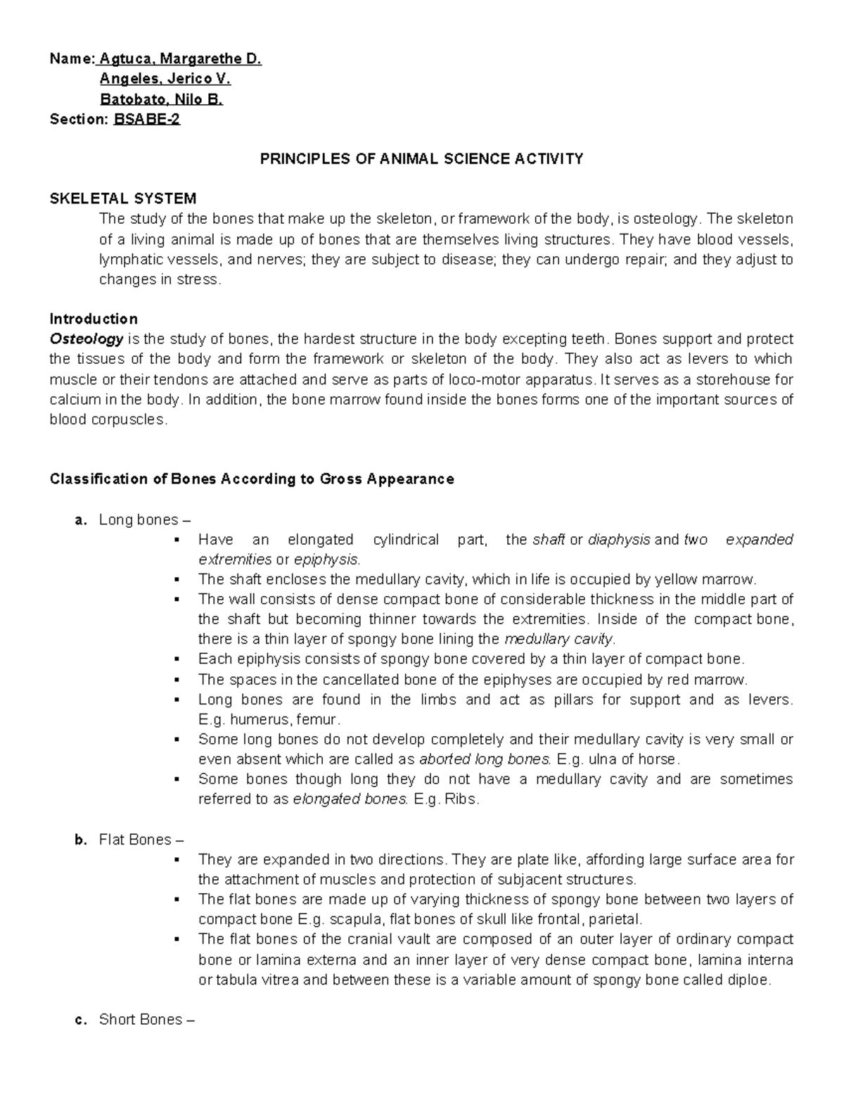 PRINCIPLES OF ANIMAL SCIENCE: Skeletal System Activity - Studocu