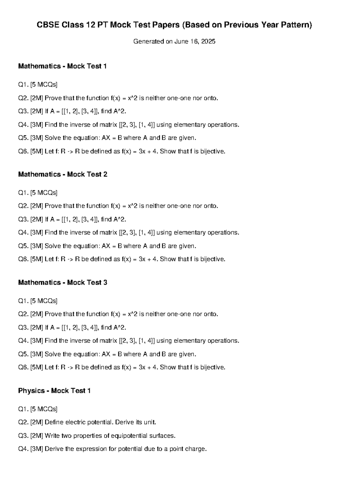 CBSE Class 12 PT Mock Test Papers: Comprehensive Review for Exams - Studocu