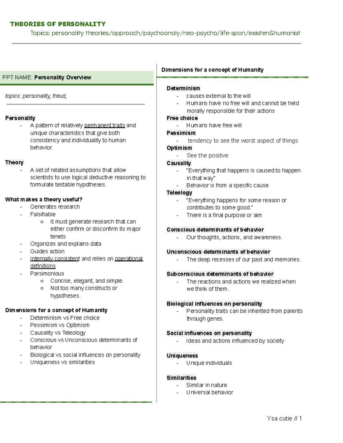 TOP - Midterm Notes: Theories of Personality (PSY 101) - Studocu