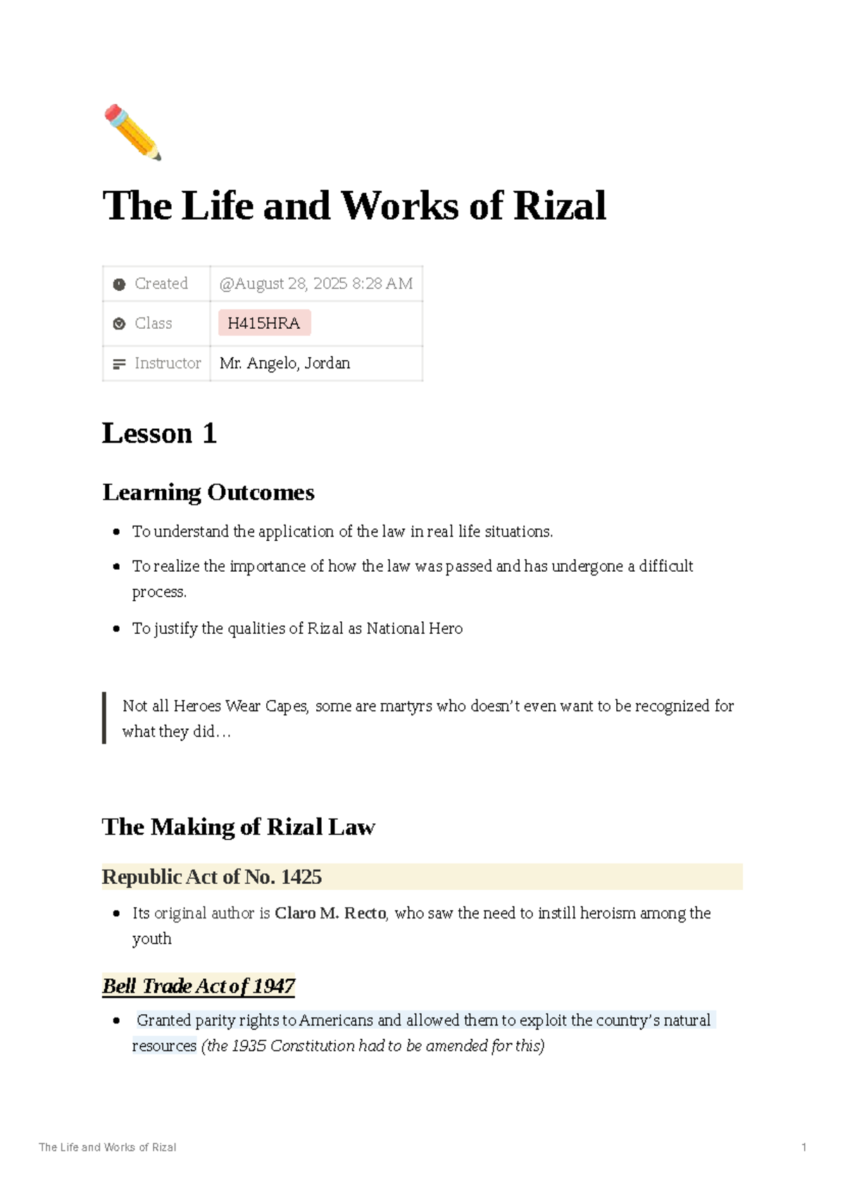 H415HRA: Lesson 1 - The Life and Works of Jose Rizal - Studocu