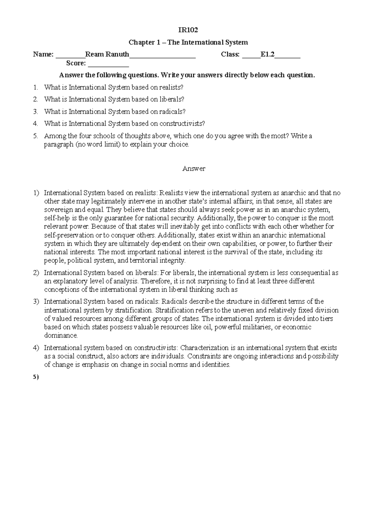 2. IR102-Chapter 1-The International System-Quiz - IR Chapter 1 – The ...