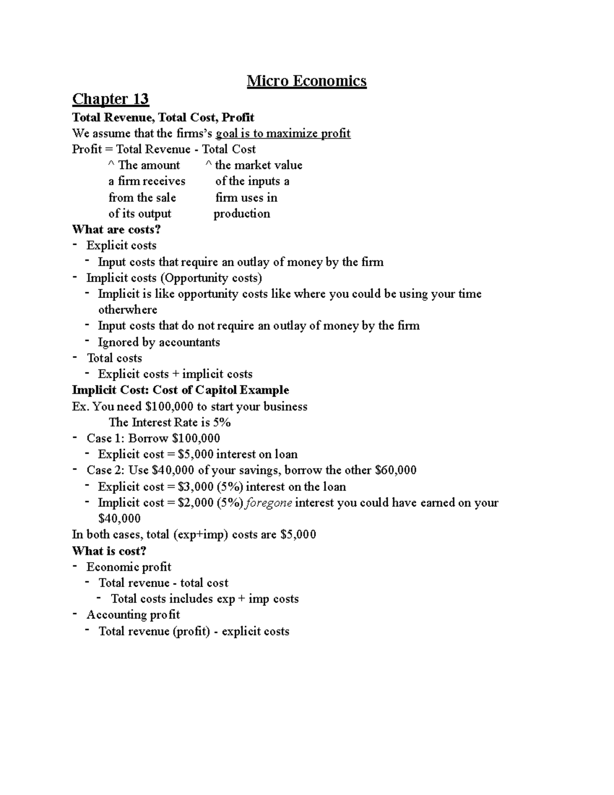 ECON2113 Chapter 13: Total Revenue, Costs, and Economic Profit Notes ...