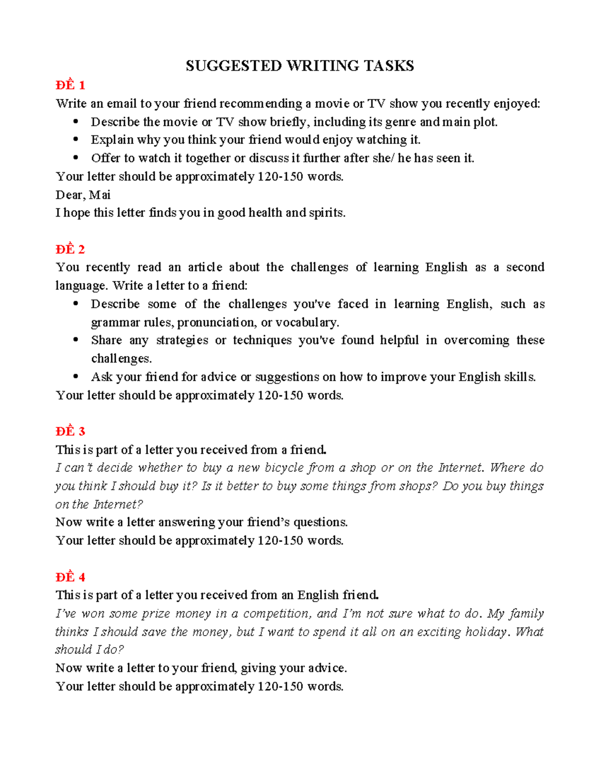 Suggested Writing Tasks for GE2: Email & Letter Exercises - Studocu
