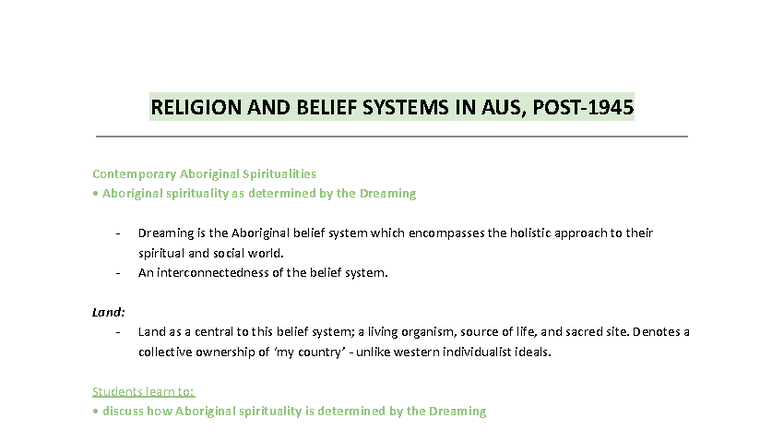 RELIGION IN AUS: Aboriginal Spiritualities & Contemporary Beliefs - Studocu