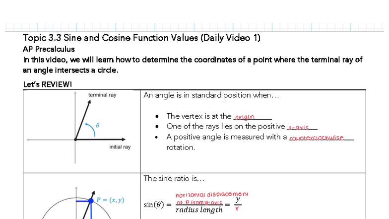 AP Precalculus: Sine & Cosine Function Values (Topic 3.3) - Studocu