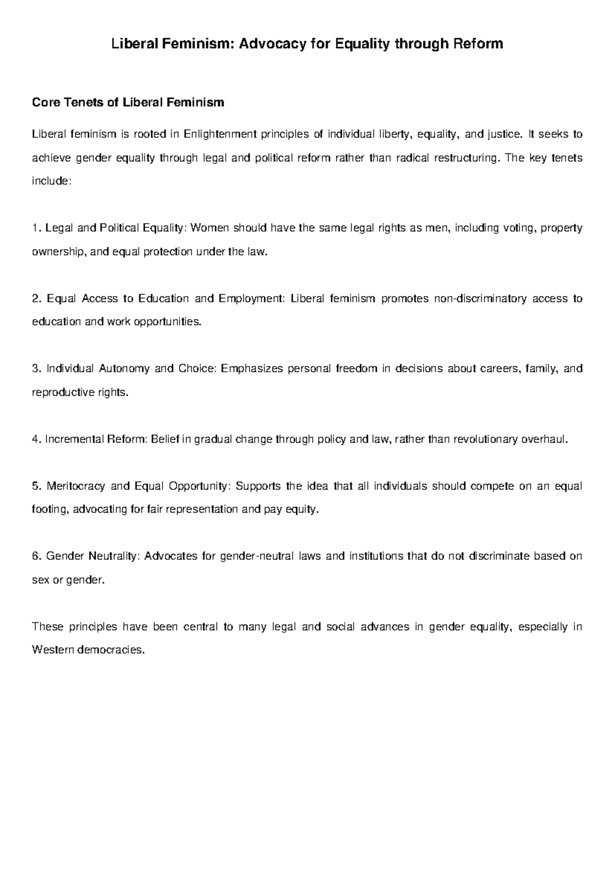 Liberal Feminism: Key Principles for Gender Equality Reform - Studocu