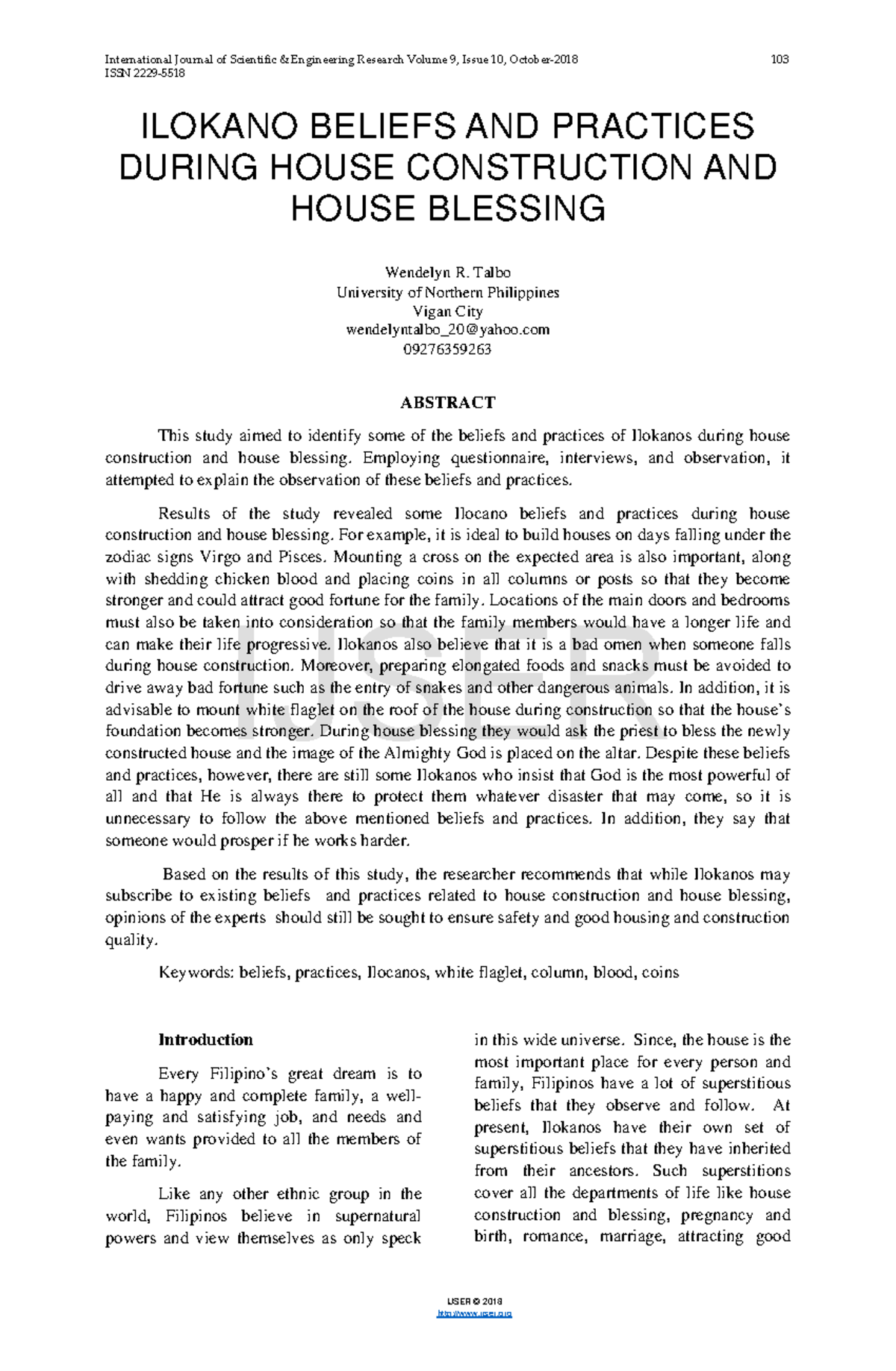 Ilokano Beliefs & Practices in House Construction & Blessing: A Study - Studocu