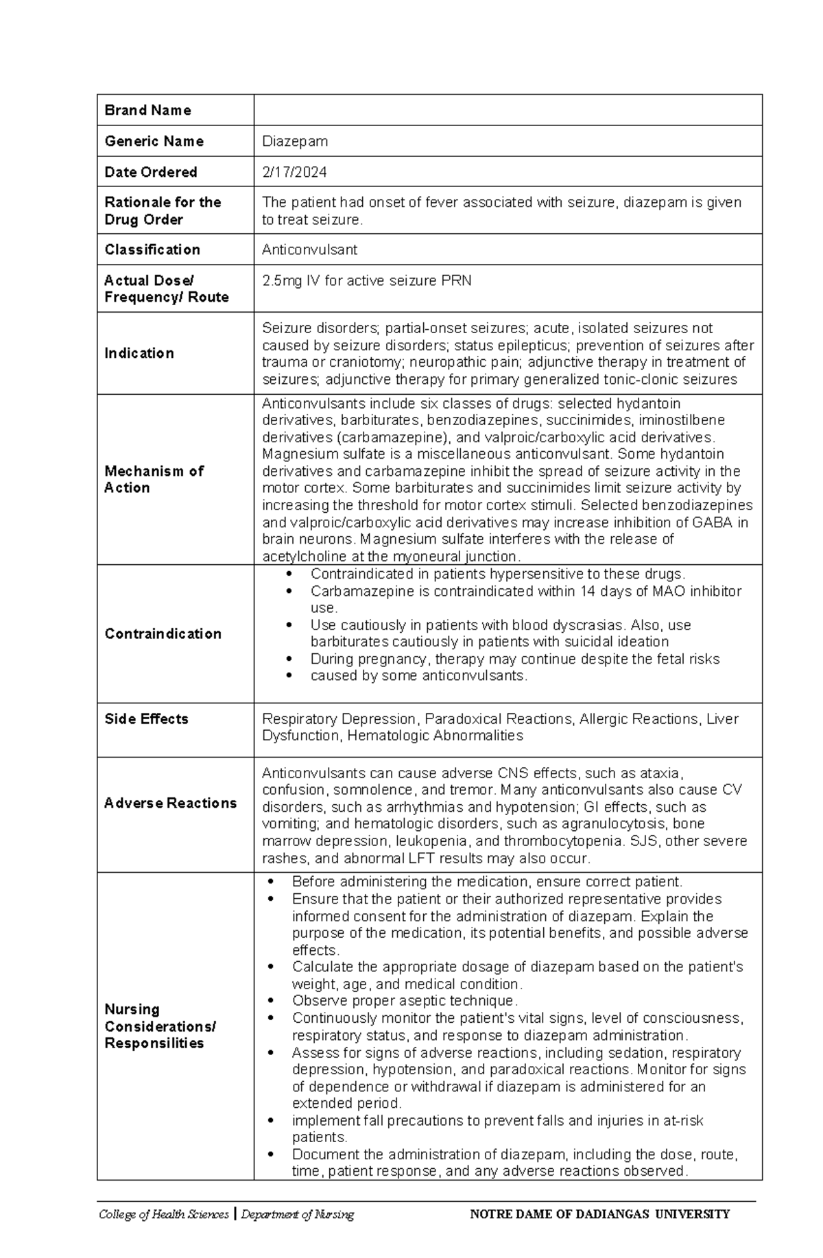 Diazepam (Anticonvulsant) Drug Study Notes for Health Sciences - Studocu