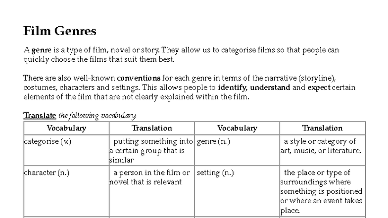 Film Genres: Understanding Categories and Conventions - Studocu