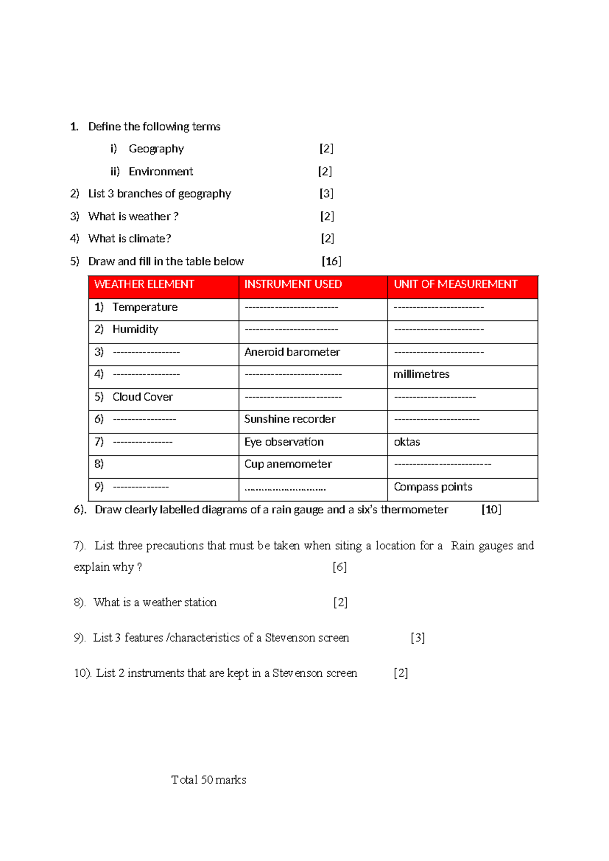 Form 1 Geography: Weather & Environment Study Notes - Studocu