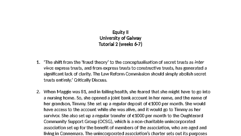 Equity II - University of Galway Tutorial 2: Secret Trusts & Joint ...
