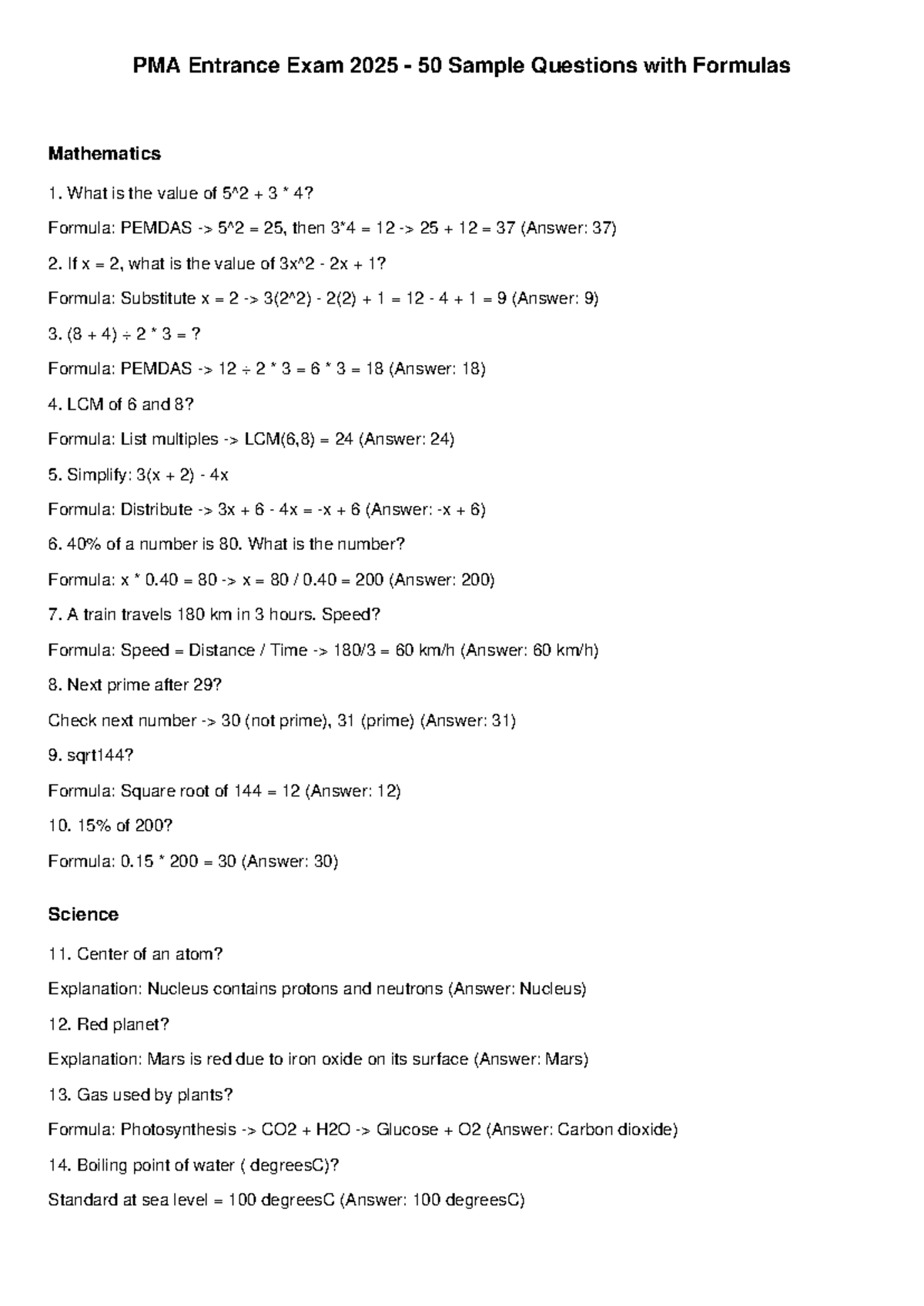 PMA Entrance Exam 2025: 50 Sample Questions & Formulas - Studocu