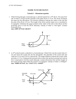 MA3006 Tutorials - AY 202 3 - 2024 Semester- 1 MA3006 FLUID MECHANICS Tutorial 1 – Linear ...