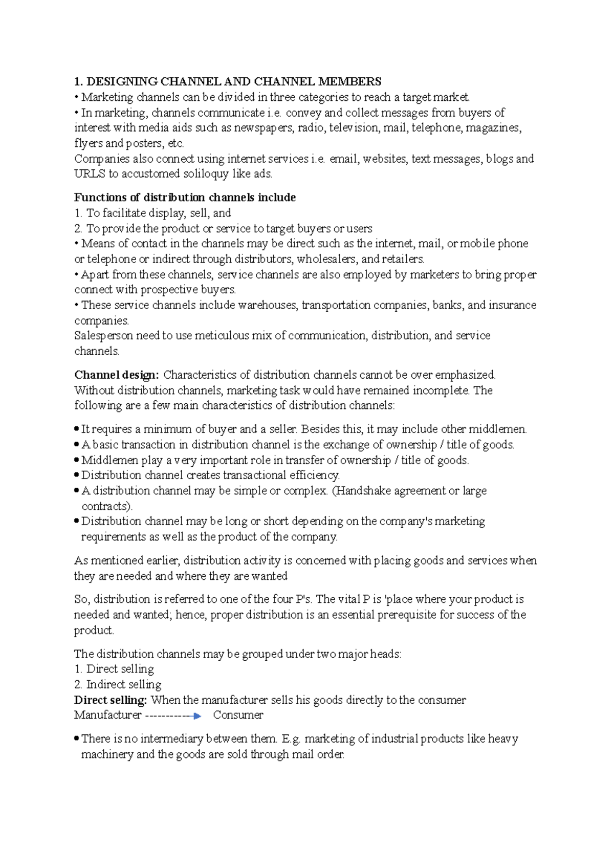 Unit IV Marketing: Designing Channels & Channel Members Notes - Studocu