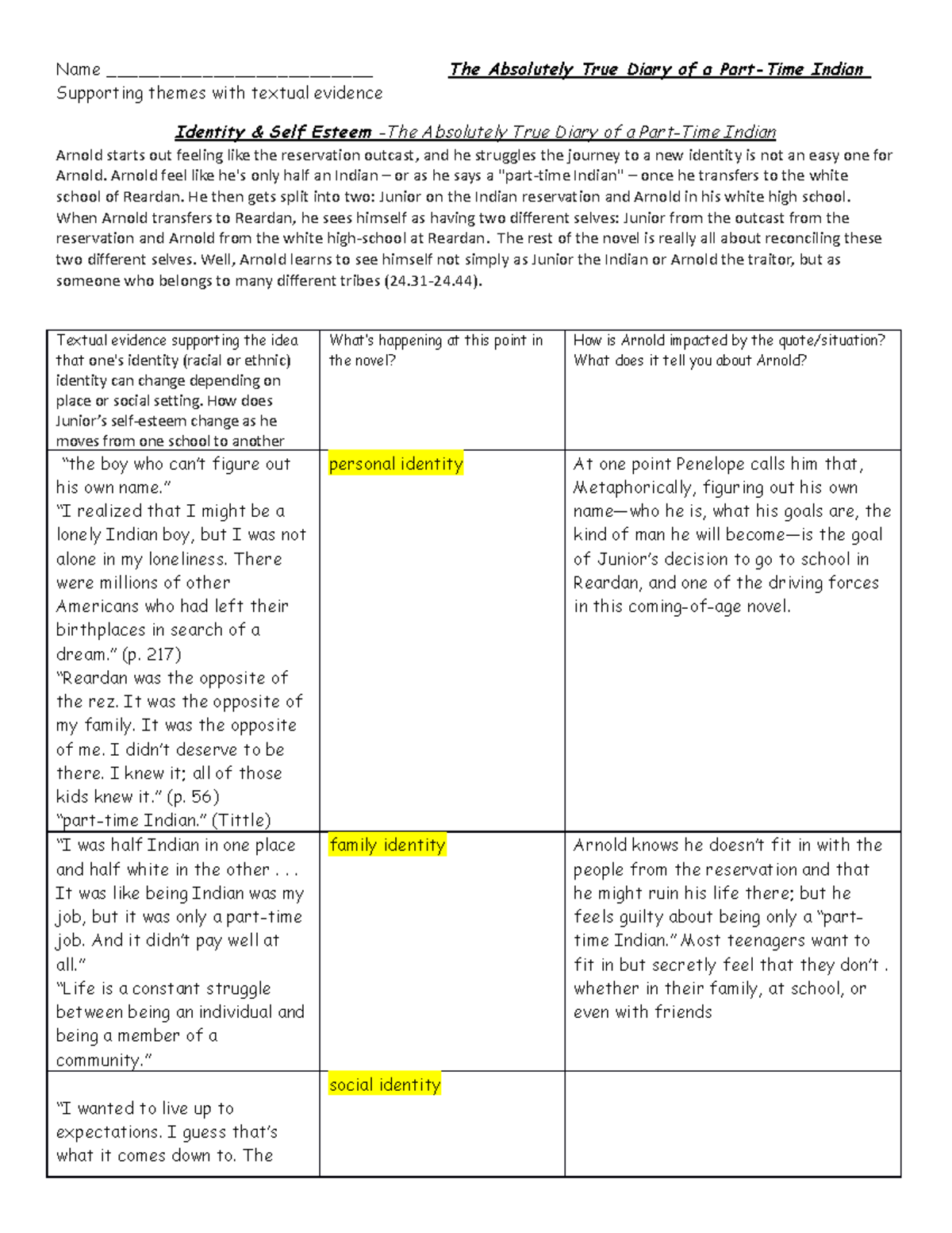 Identity, Race & Self-Esteem Organizer for The Absolutely True Diary ...