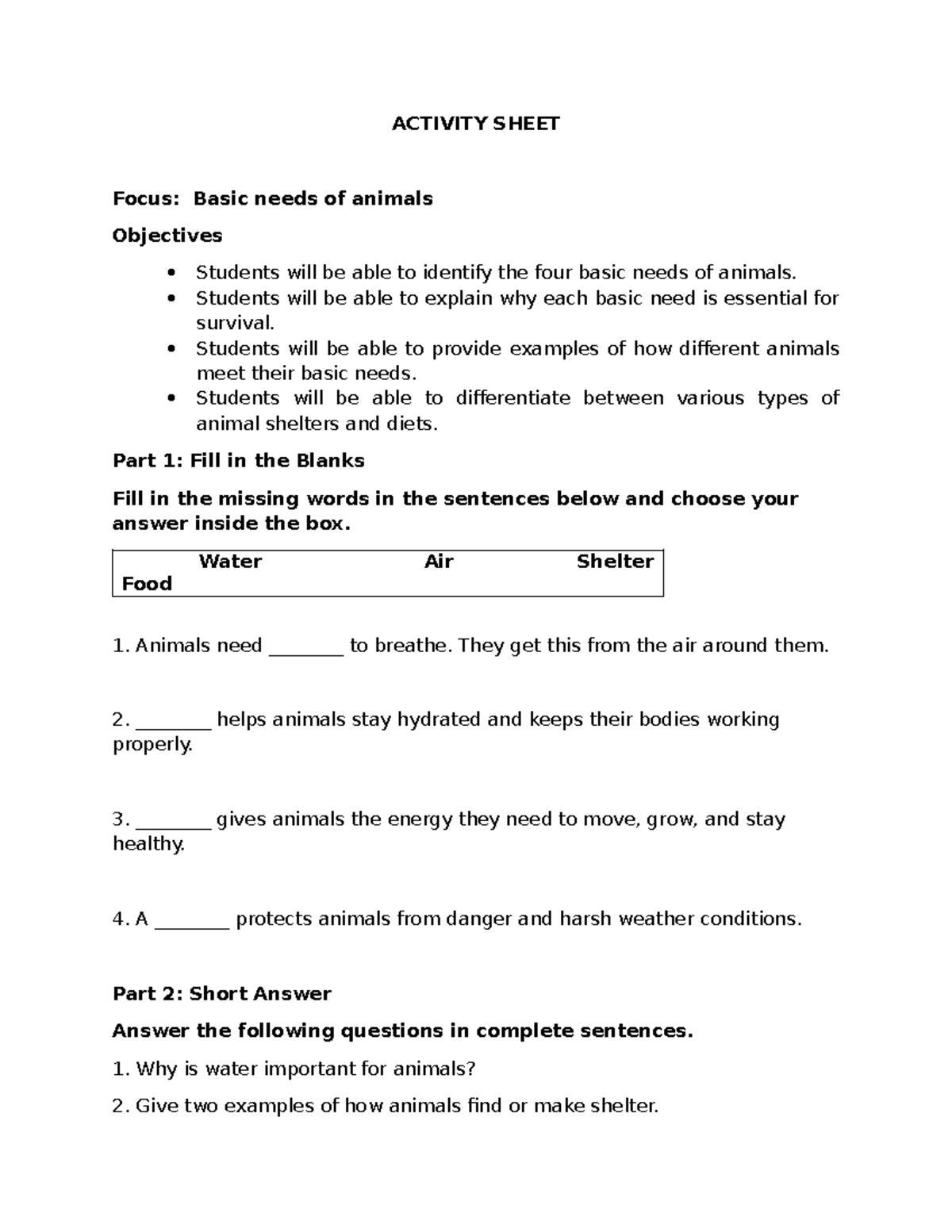 Activity Sheet: Basic Needs of Animals (Science) - Studocu