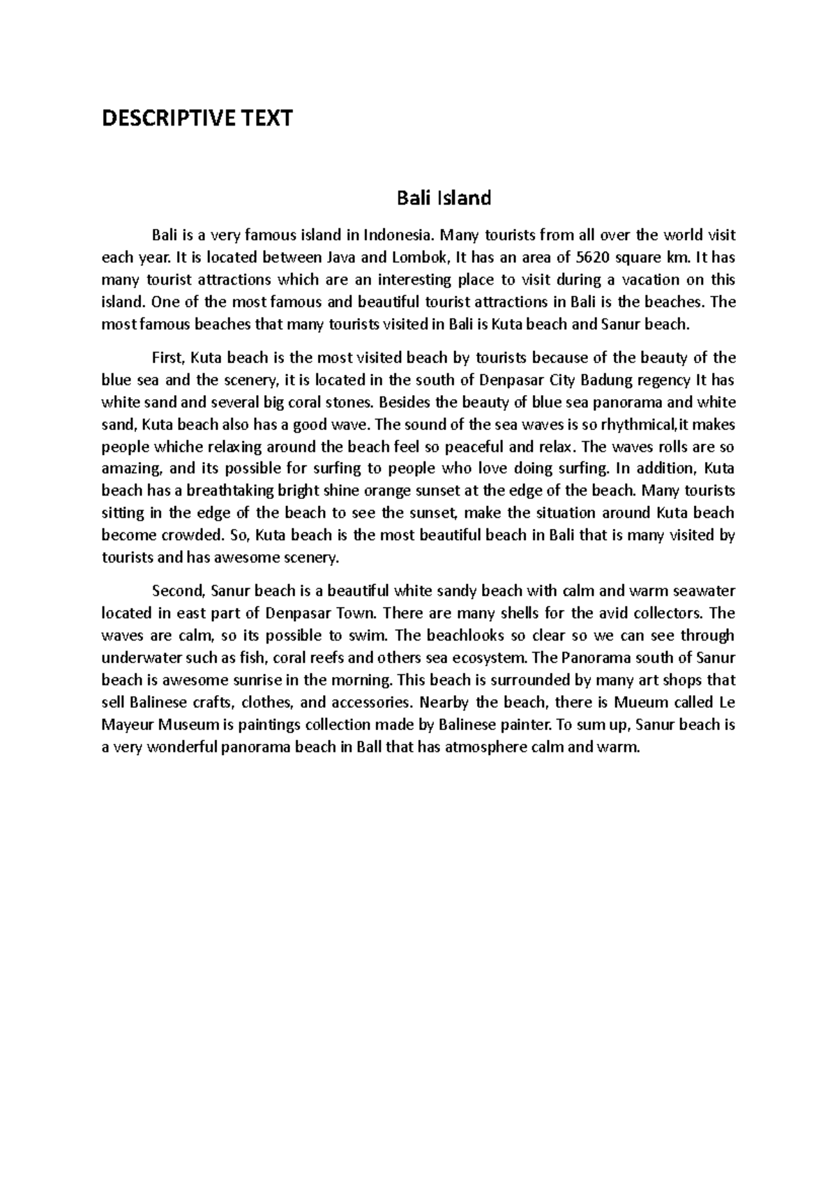 Descriptive Essay Notes on Bali Island and Blogging Procedures - Studocu