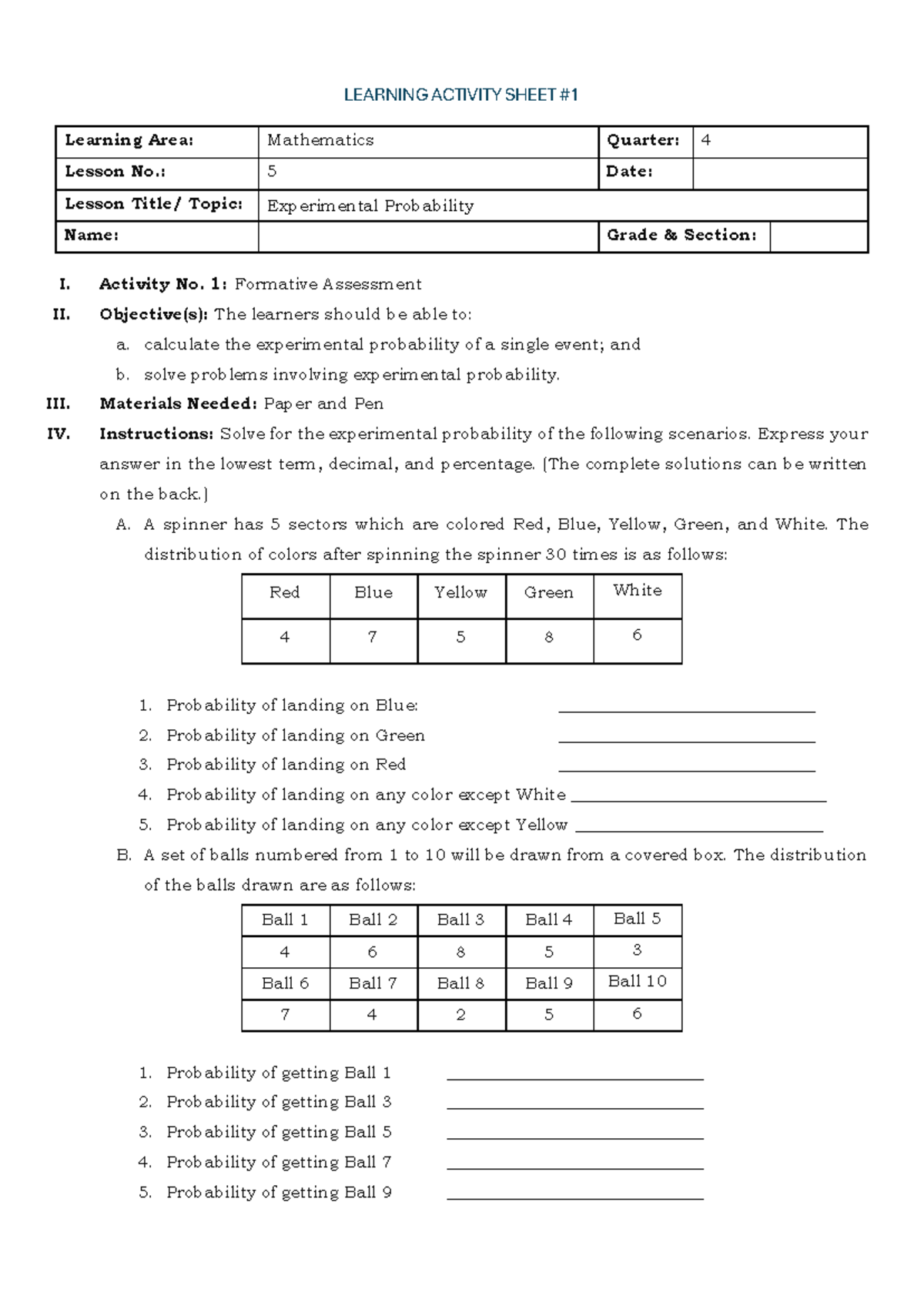 Mathematics Learning Activity Sheet: Experimental Probability (Grade 4 ...