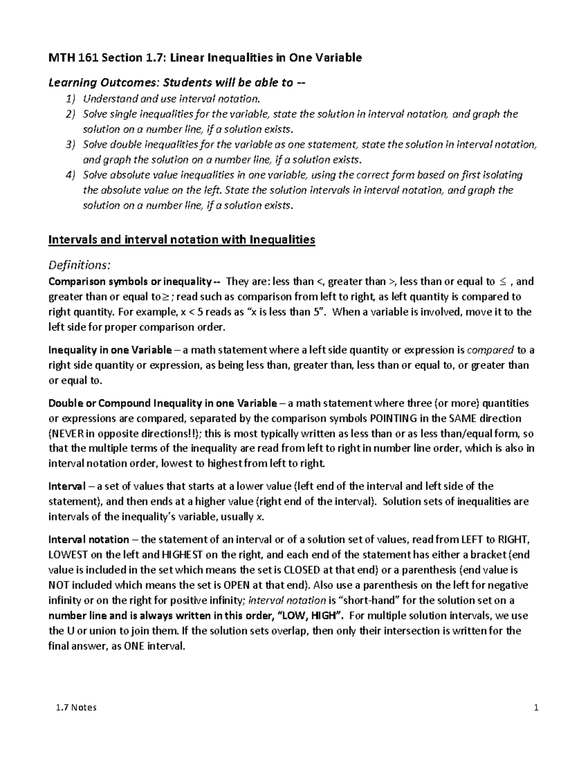 MTH 161: 1.7 Understanding Linear Inequalities and Intervals - Studocu