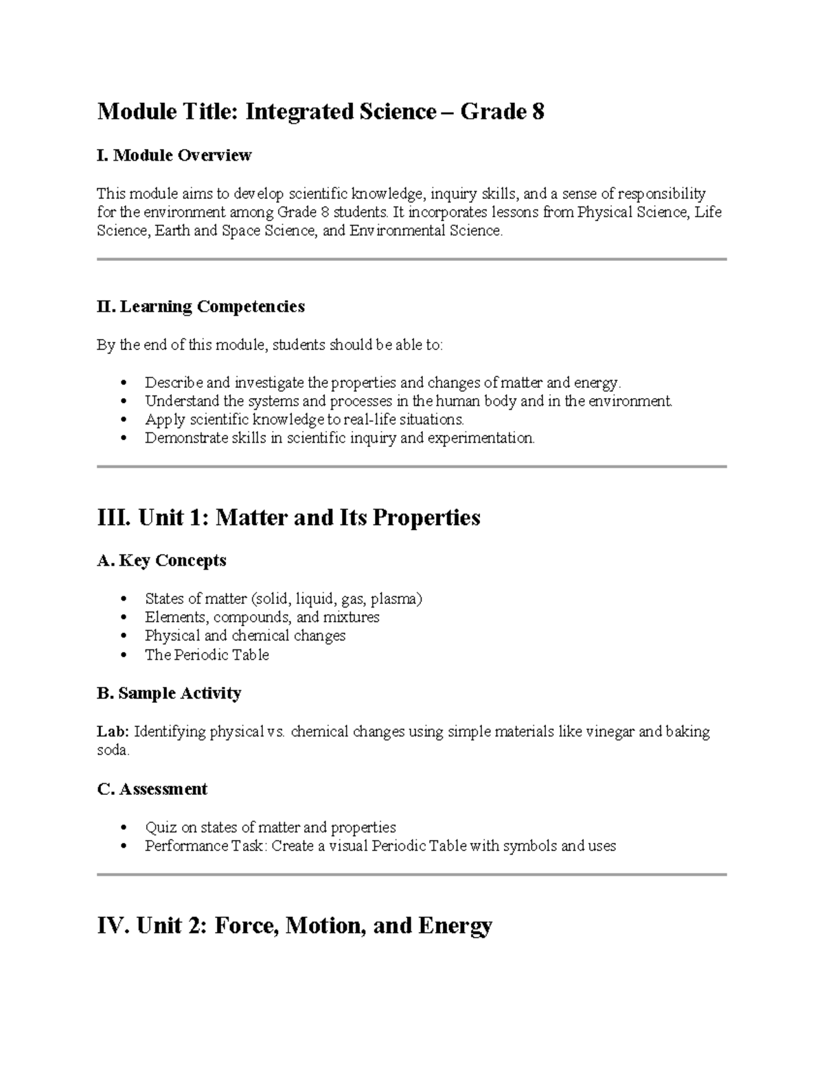 Grade 8 Integrated Science Module Overview and Key Concepts - Studocu