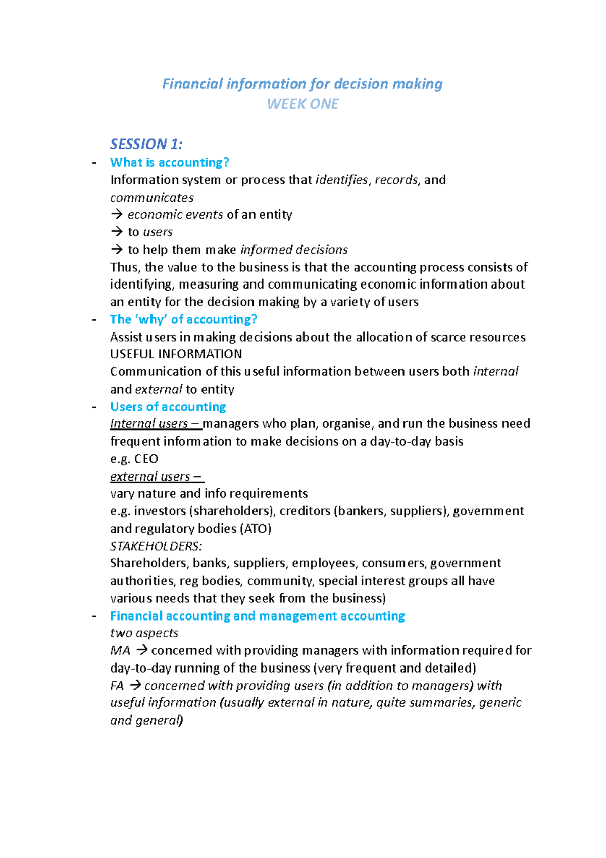 Week 1 - summary of week 1 notes - Financial information for decision ...