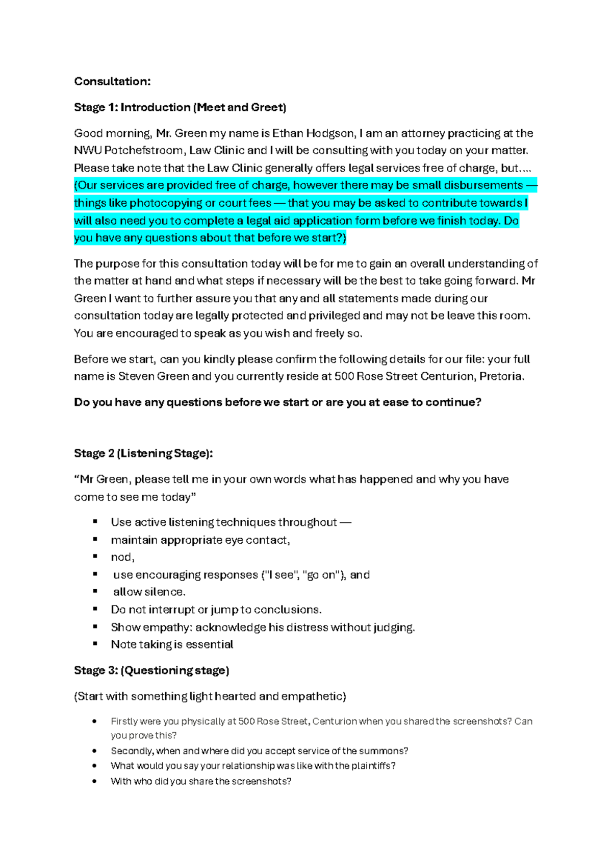 Consultation Script: Stage 1 Introduction & Legal Advice - Studocu