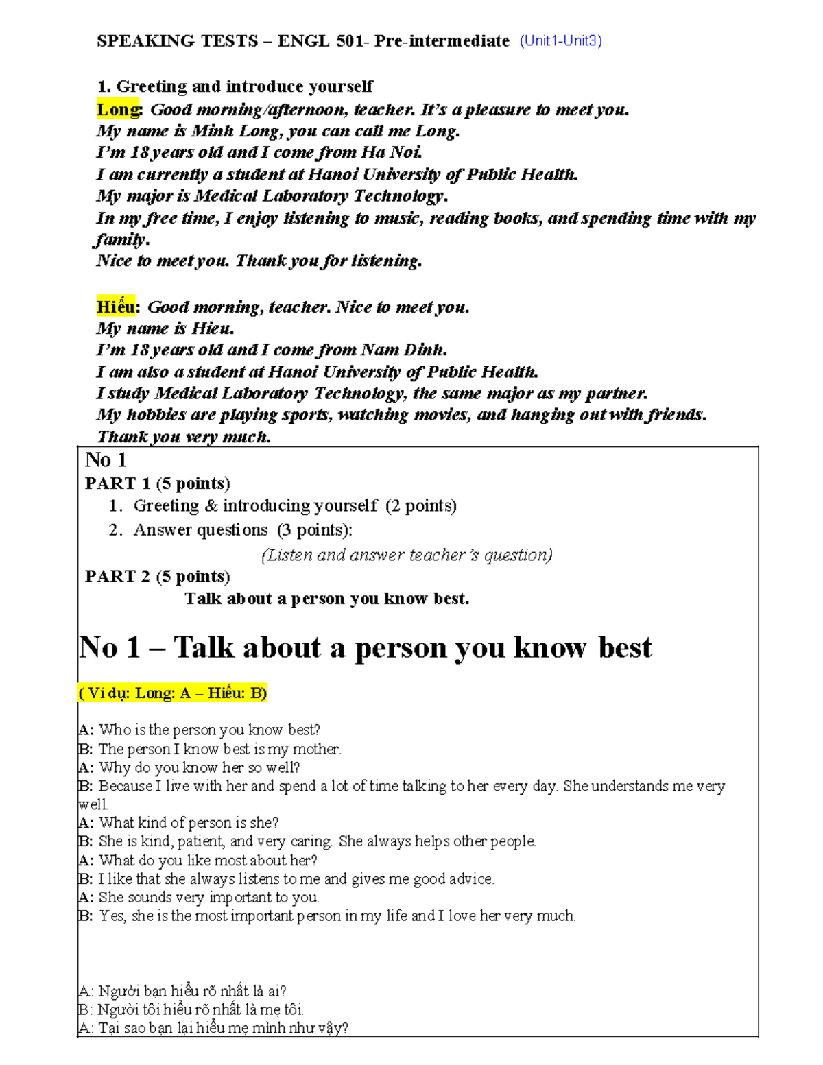 SPEAKING TESTS ENGL 1: Self-Introduction and Conversations - Studocu