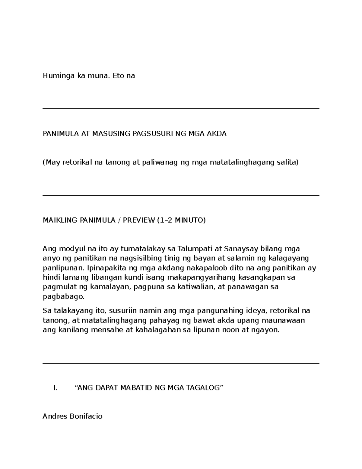 Pagsusuri sa Talumpati at Sanaysay: MAIKLING PANIMULA AT MASUSING ...