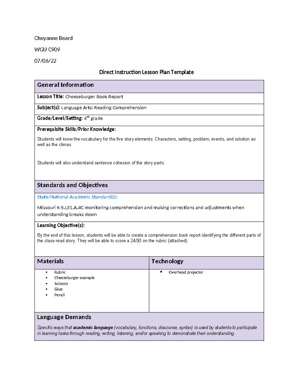 C909 Task 1 - Direct Instruction Lesson Plan for Cheeseburger Book Report - Studocu
