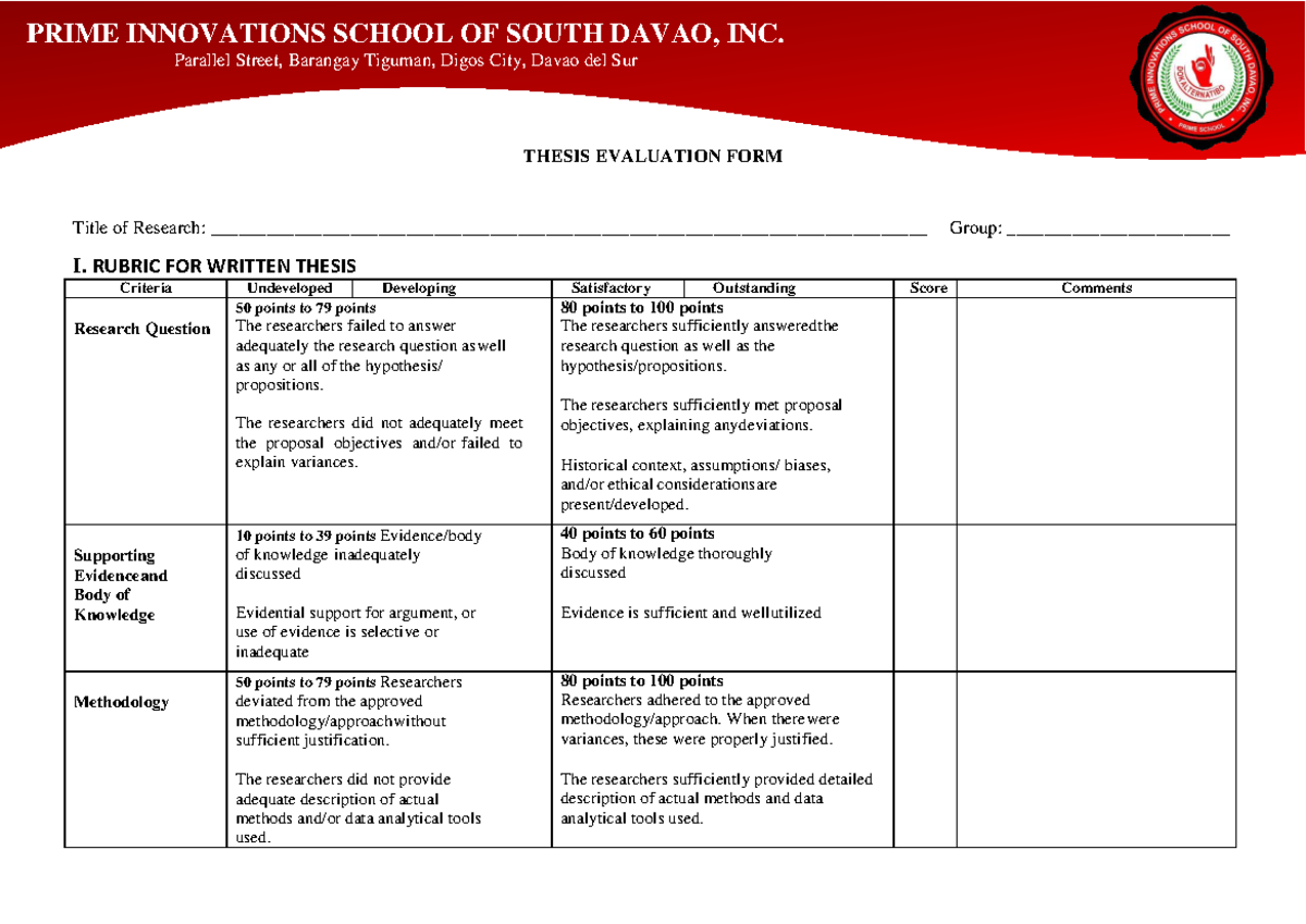 Thesis Evaluation Form for Research Defense (PRIME 101) - Studocu