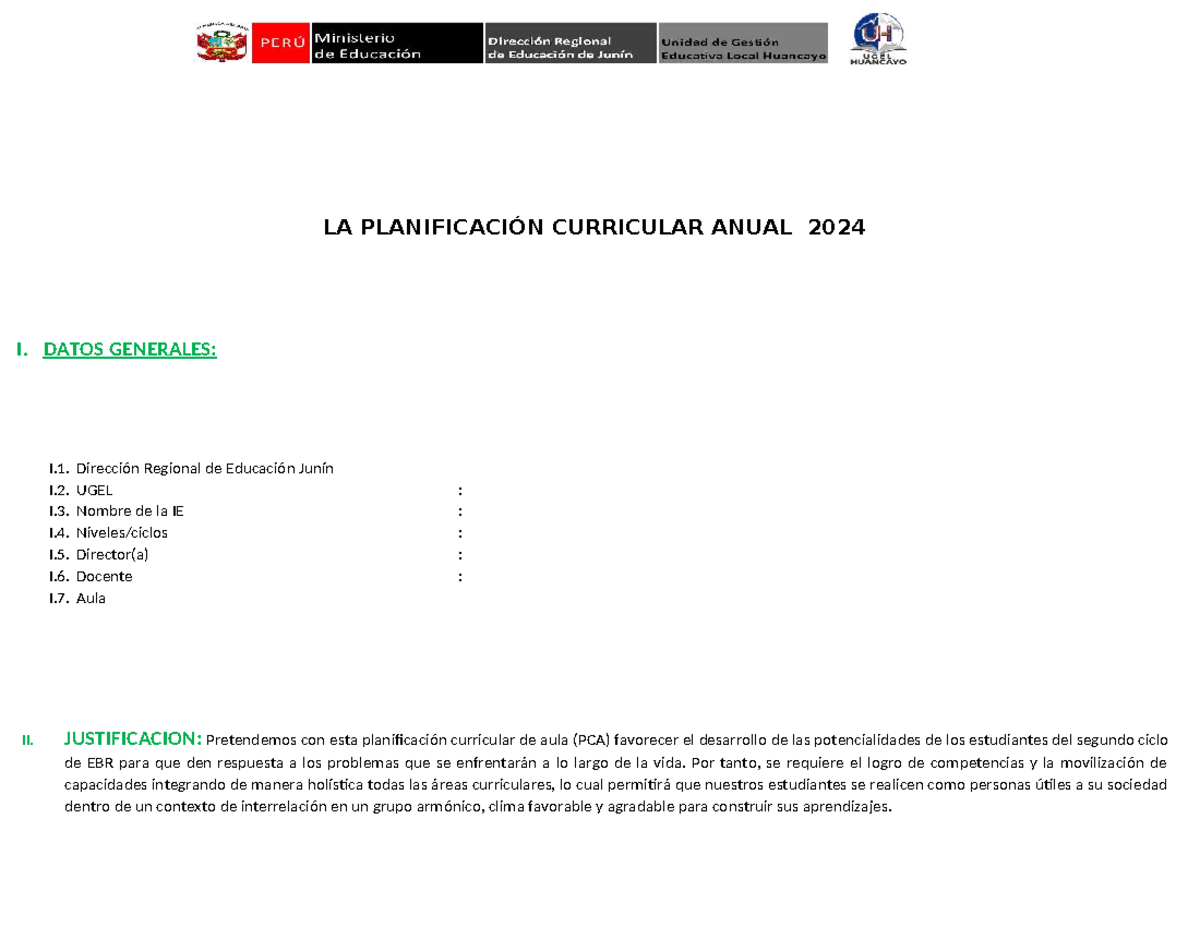 Planificación Curricular Anual 2024 - Educación Inicial EBR - Studocu