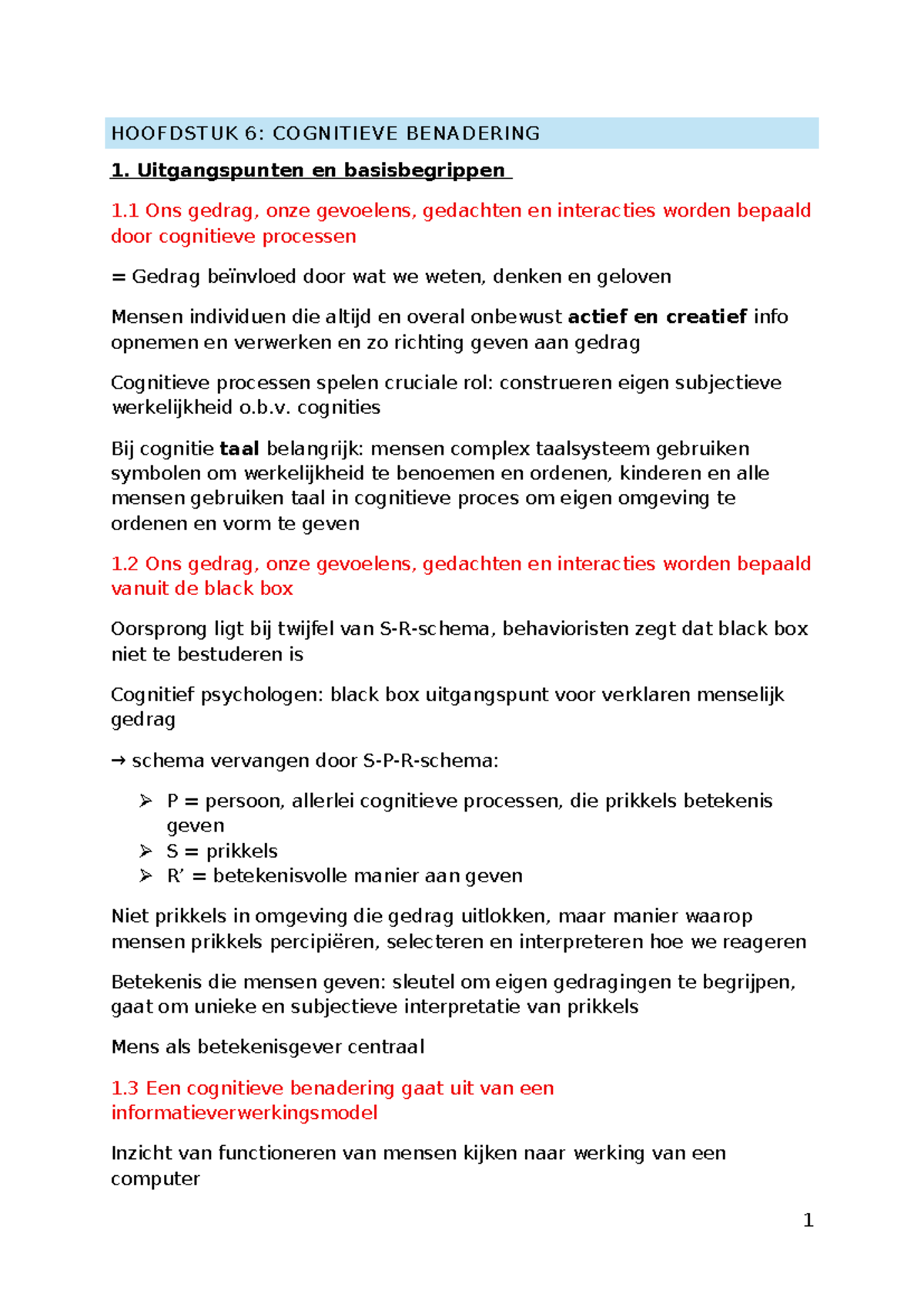 HOOFDSTUK 6: COGNITIEVE BENADERING - Basisbegrippen en ...