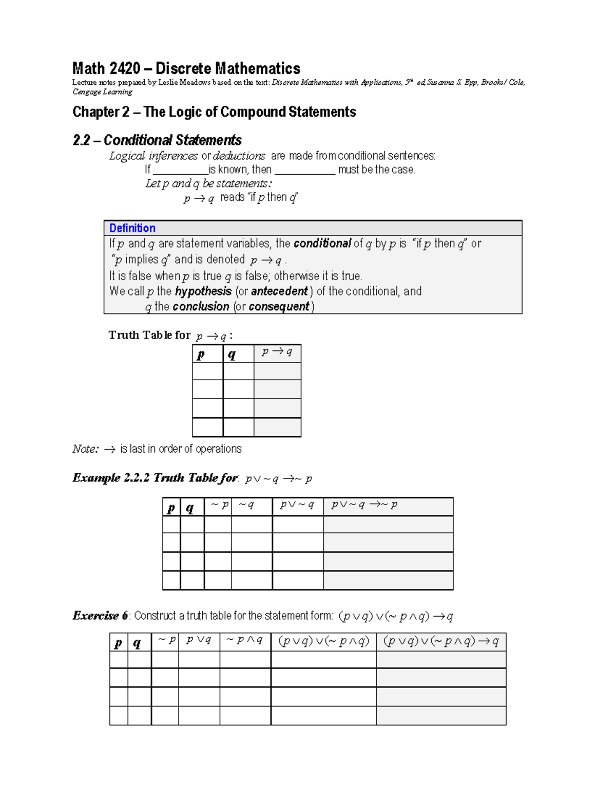 Math 2420 Discrete Mathematics Lecture Notes: Conditional Statements ...