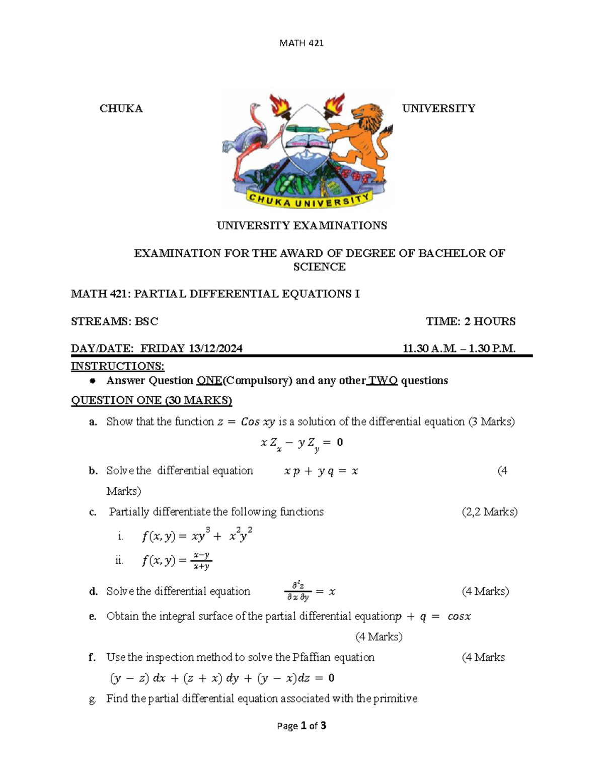 MATH 421: Final Exam on Partial Differential Equations I - Studocu