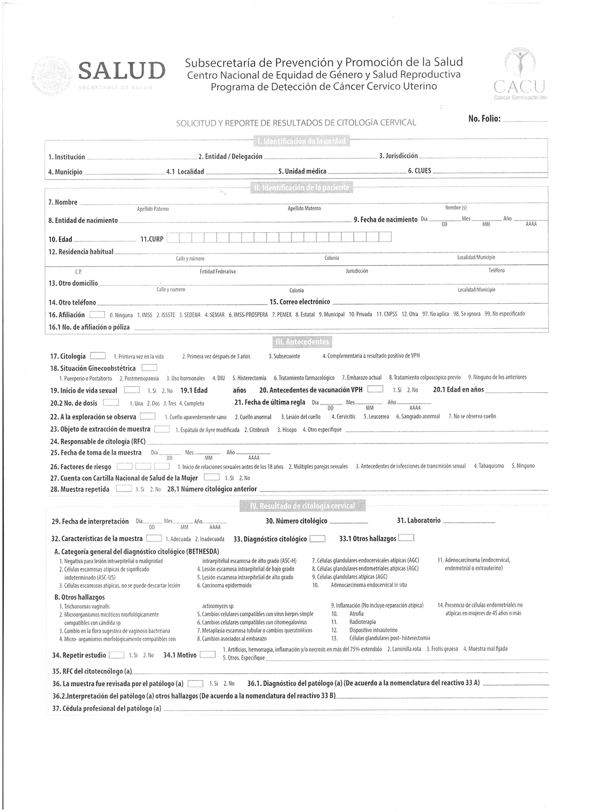 Solicitud y Reporte de Resultados de Citología Cervical - CACU - Studocu
