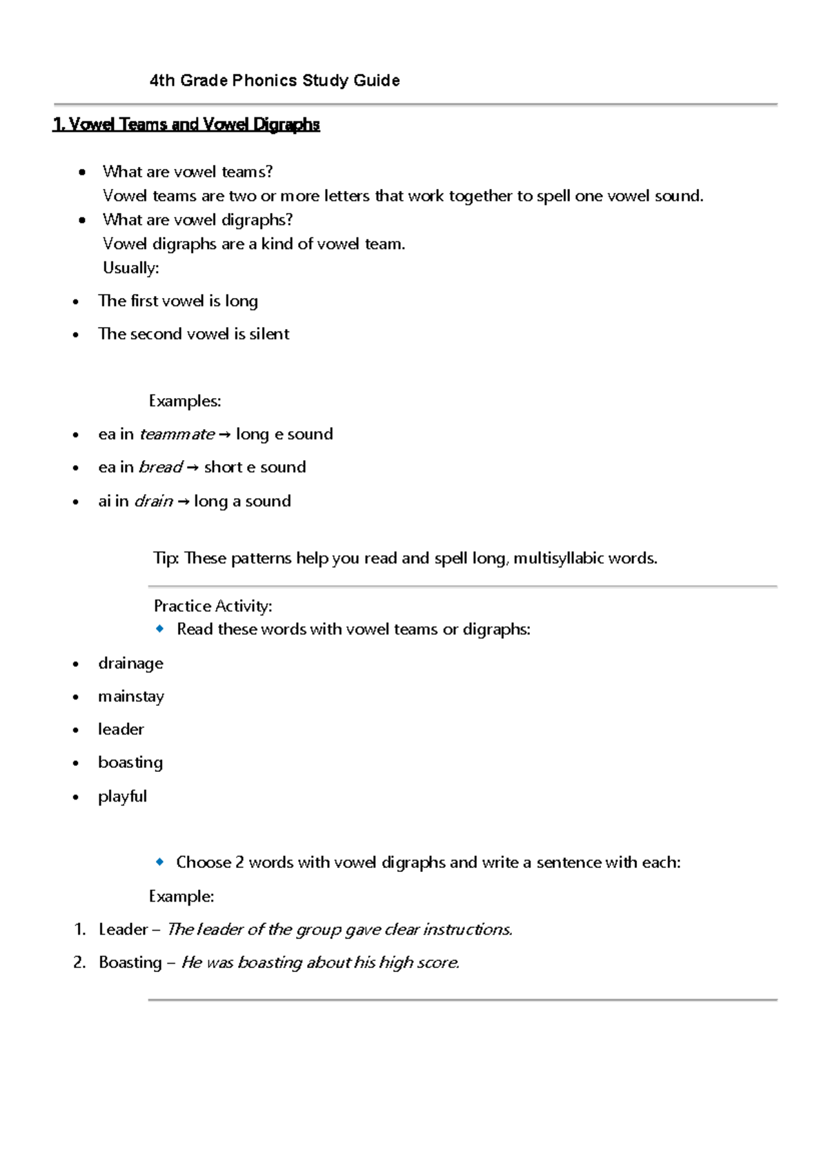 4th Grade Phonics Study Guide: Vowel Teams & Digraphs Explained - Studocu