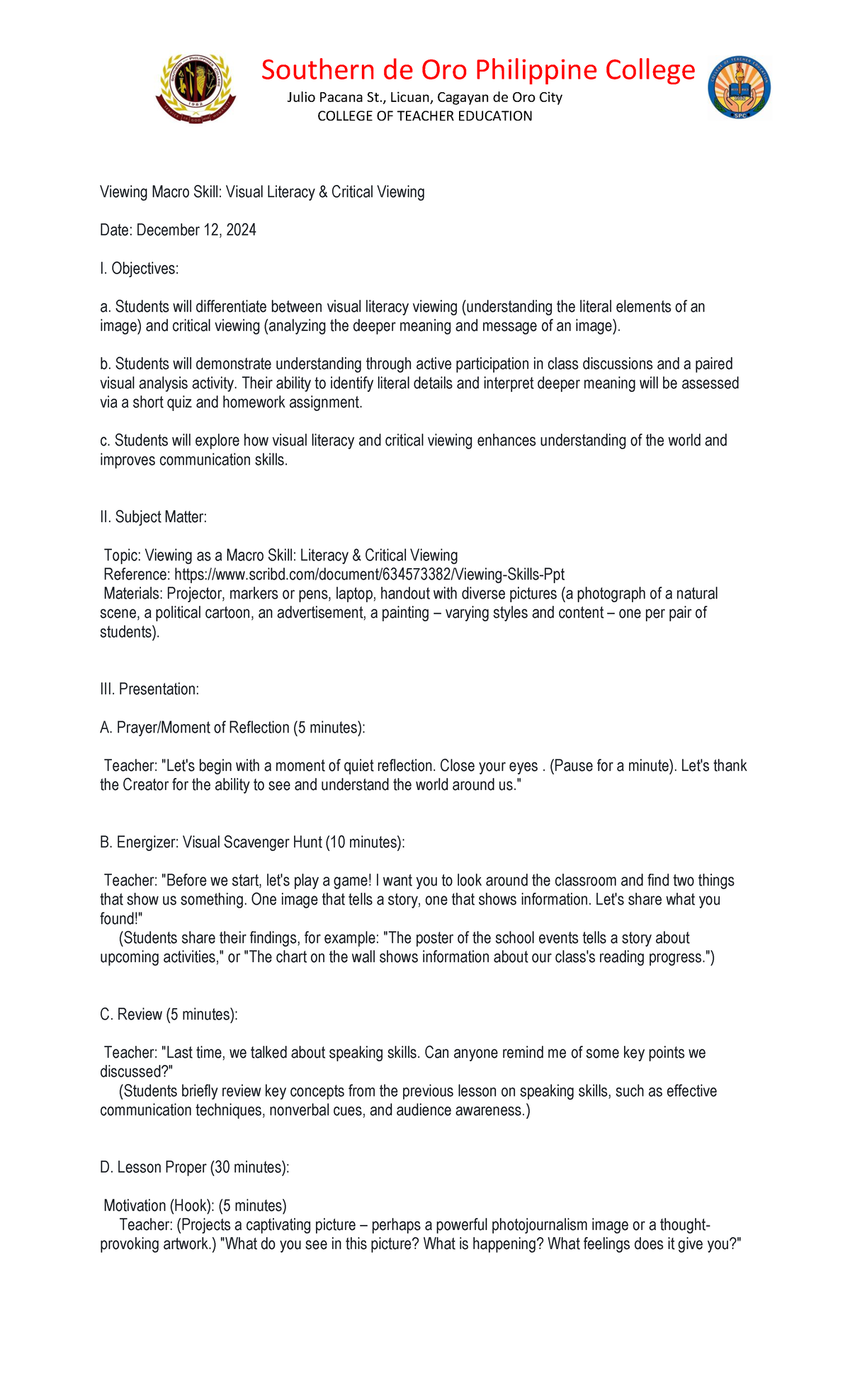 Viewing Macro Skill: Visual Literacy & Critical Viewing Lesson (EDU101 ...