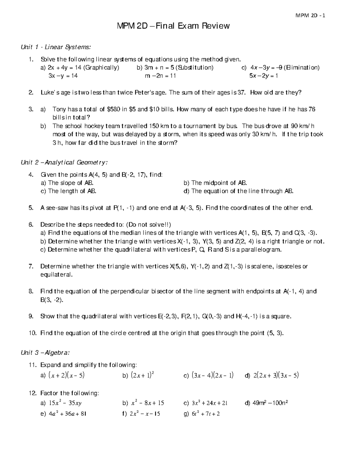 MPM2D Final Exam Review: Linear Systems & Quadratic Functions - Studocu