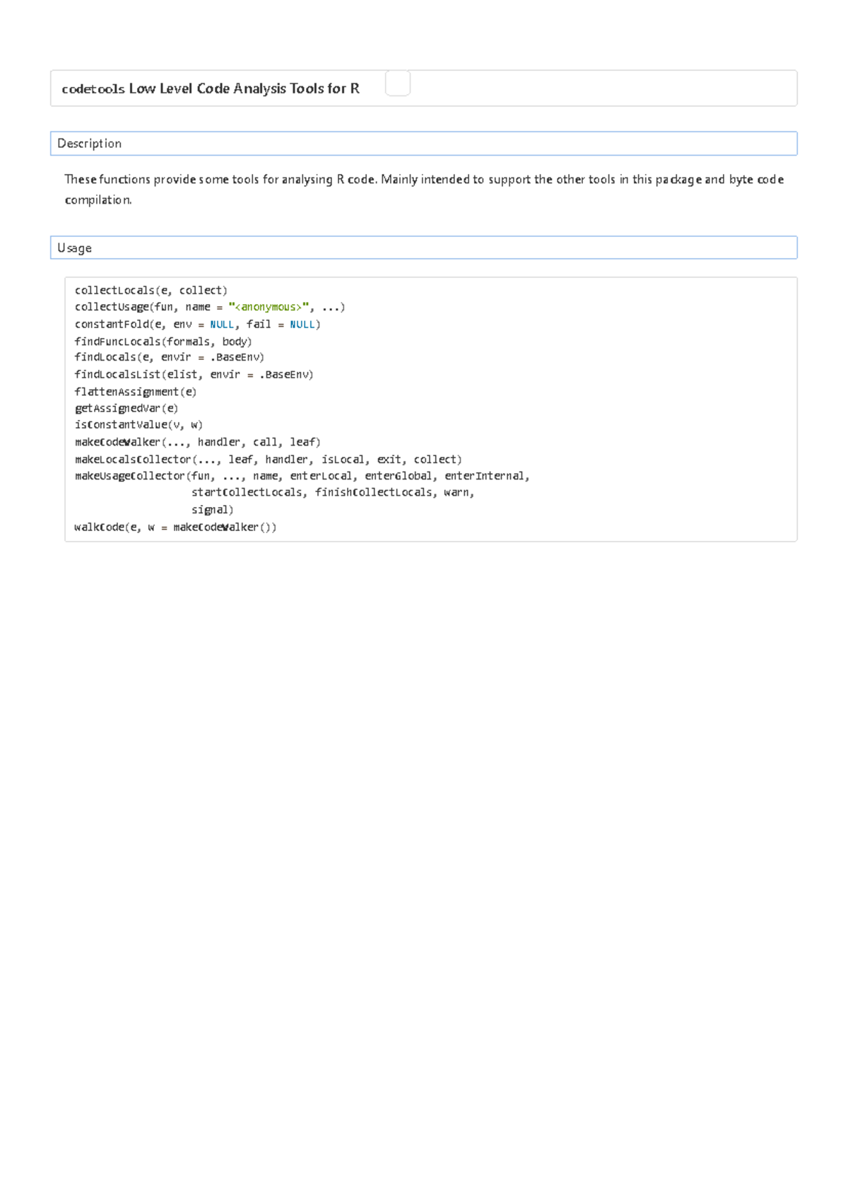 Low Level Code Analysis Tools for R - codetools Low Level Code Analysis Tools for R Description ...