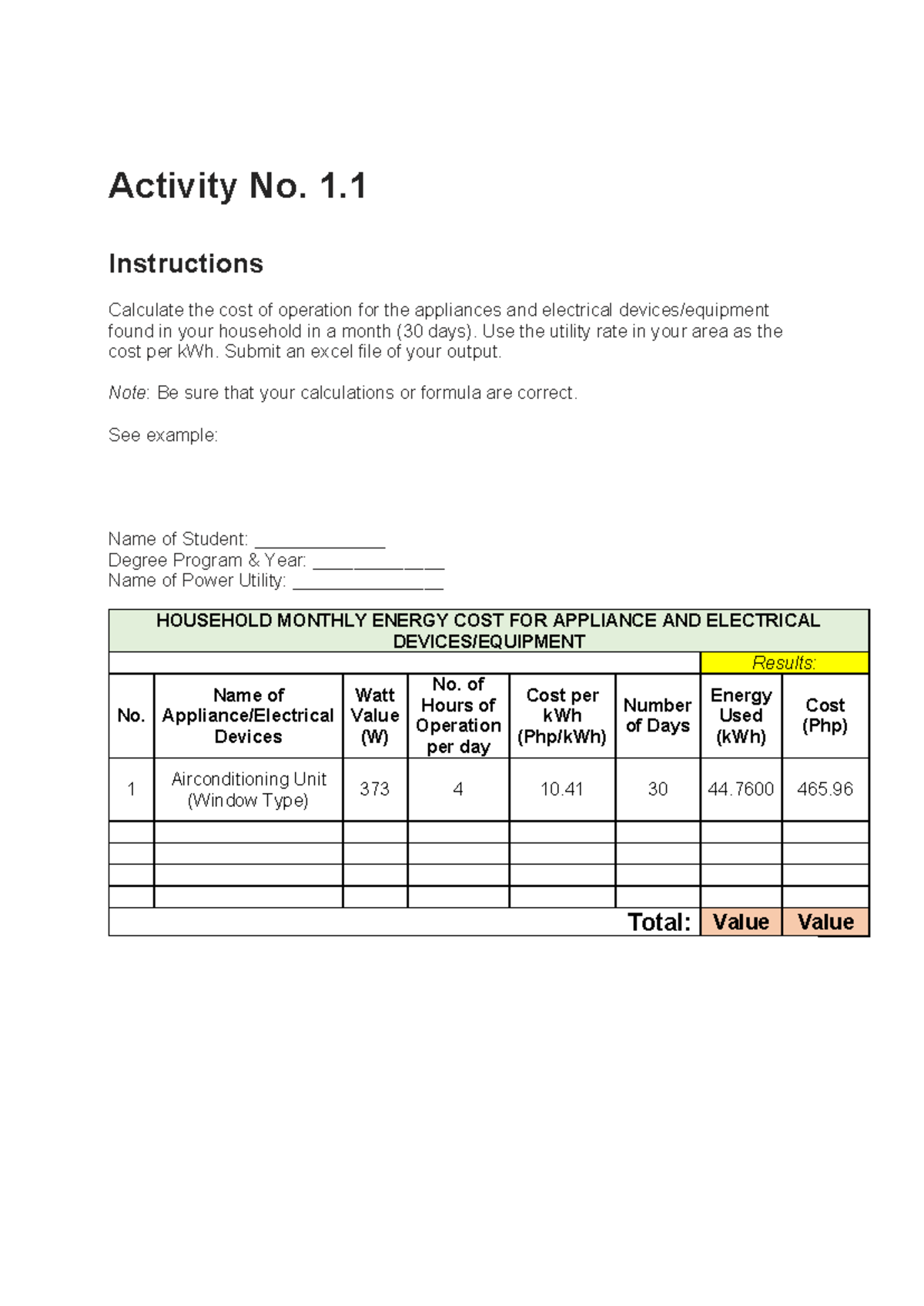 Activity No. 1: Monthly Household Energy Cost Calculation - Studocu