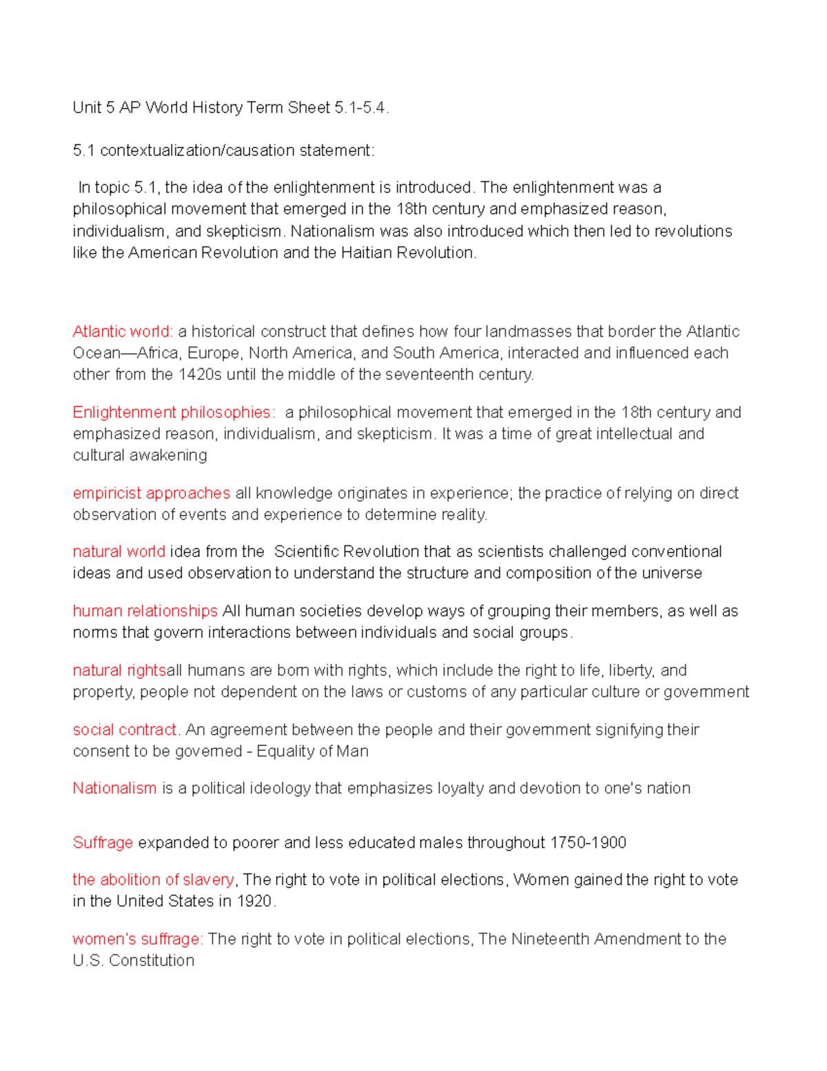 Unit 5 AP World History Term Sheet: Enlightenment to Industrial ...
